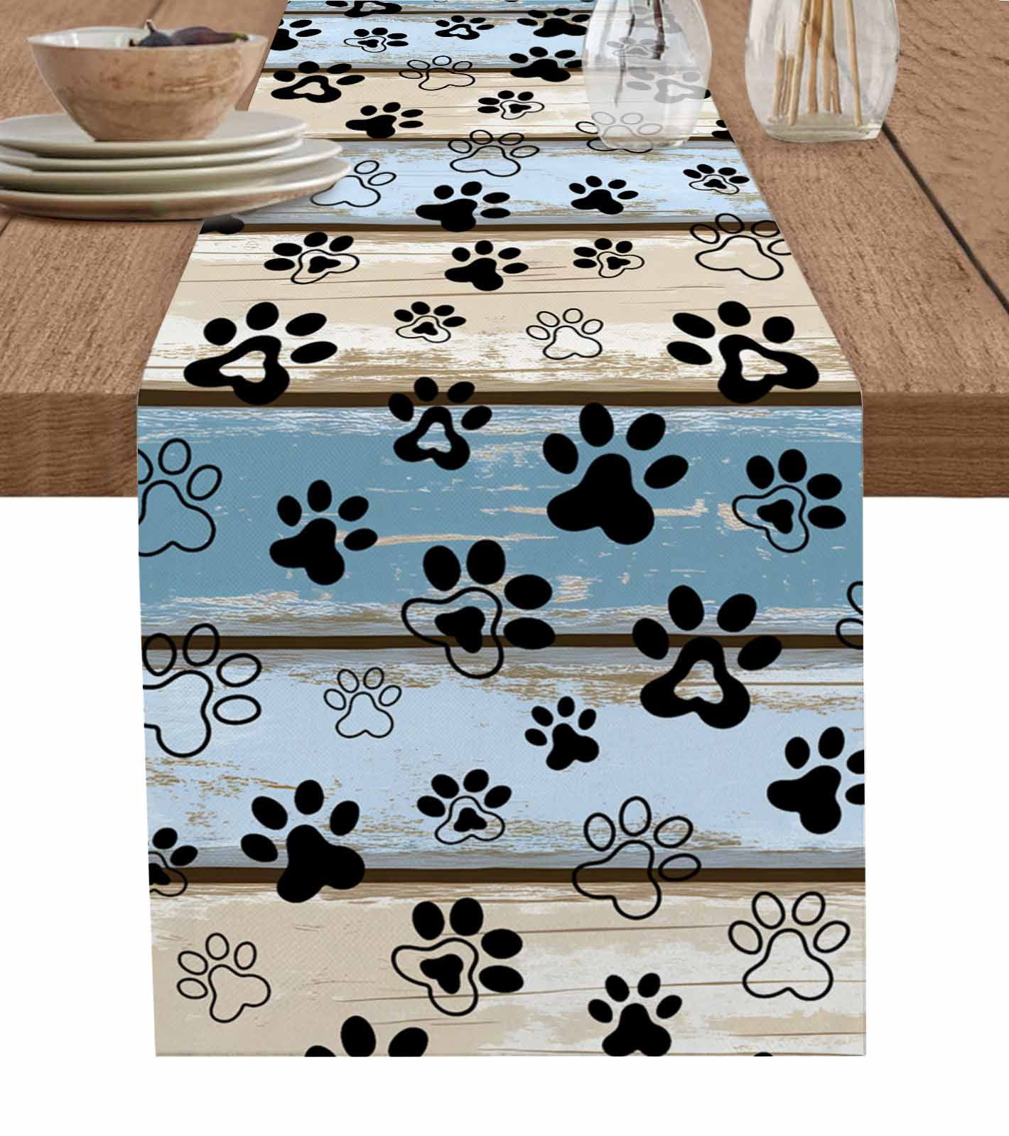 Blue Cat Paw Print Burlap Cotton Table Runner 13x48 Inches Long ...