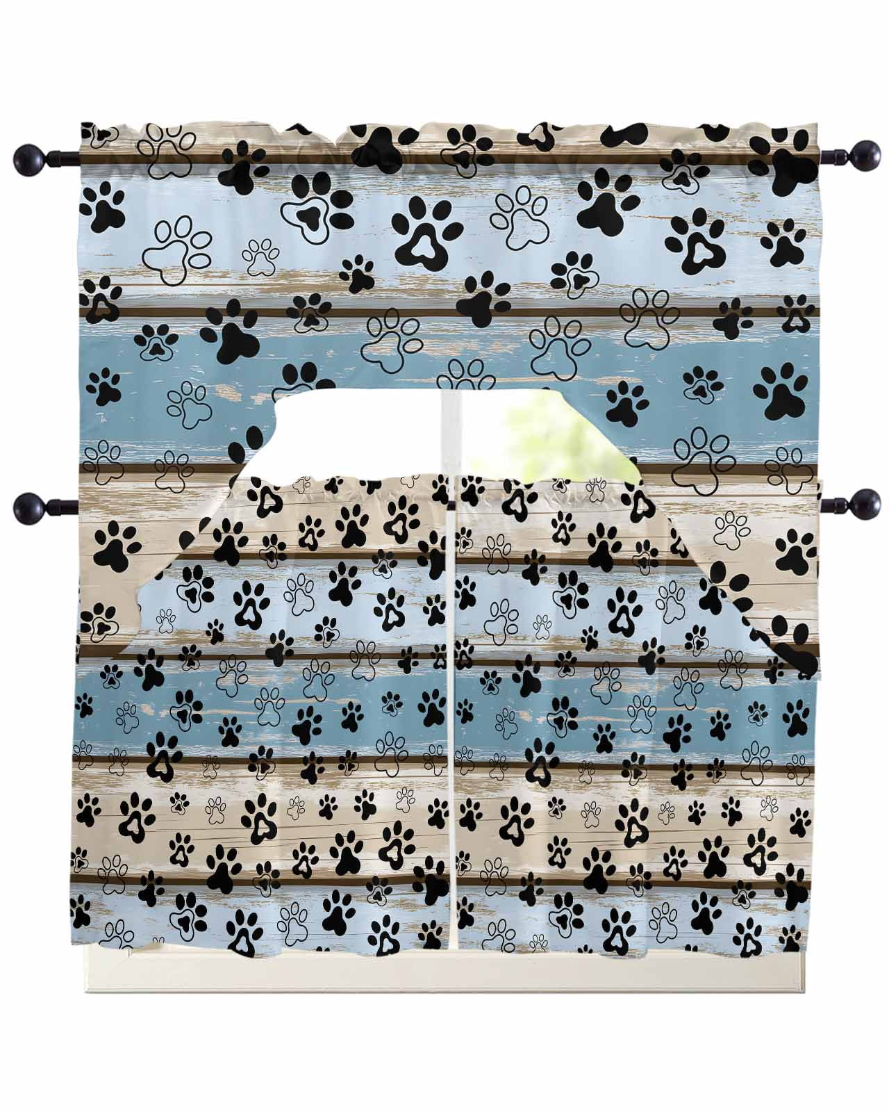 Blue Cat Paw Print Kitchen Curtains Sets 24 Inch Length with Valance ...