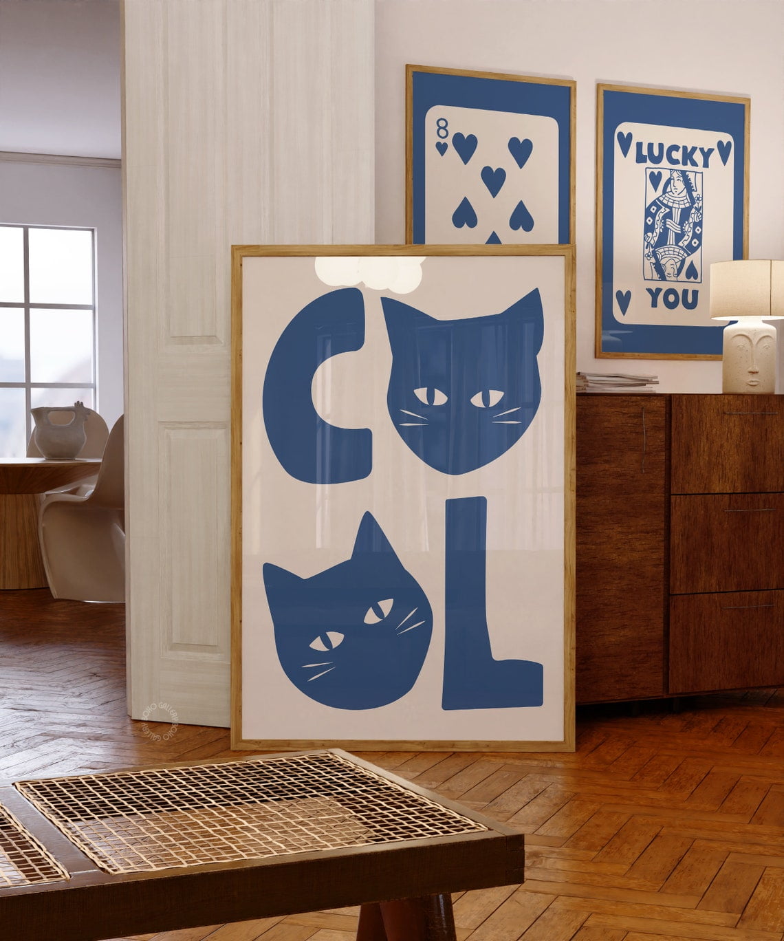 Blue Cat Print, Blue Preppy Room Decor, Retro Trendy Wall Art, College ...