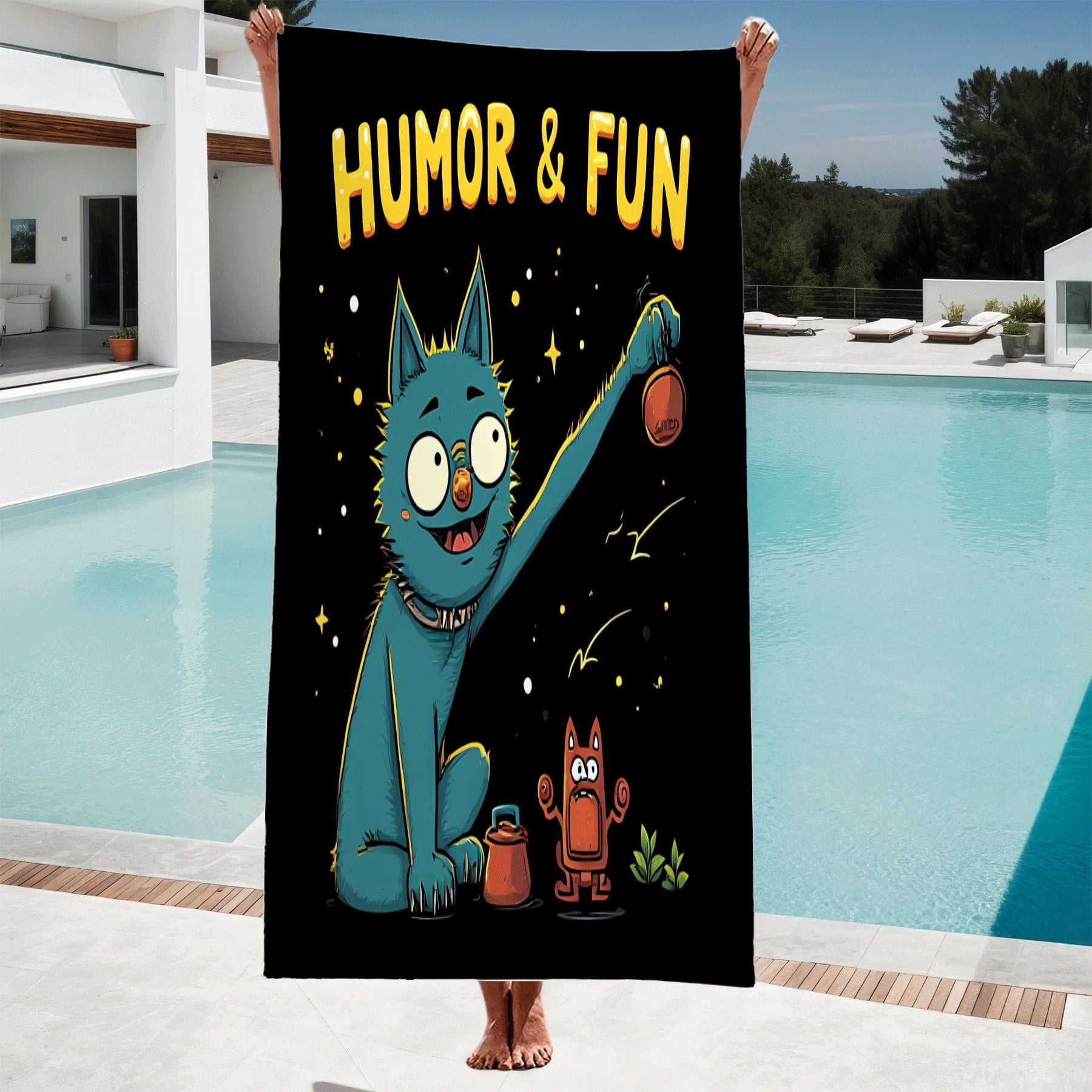 Blue Cat & Robot Fun Beach Towel - Vibrant Design with Smiling Cat Red ...