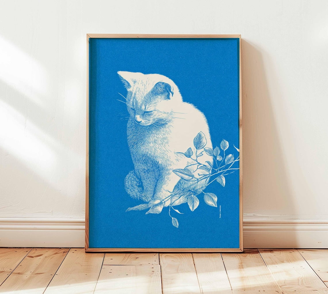 Blue Cat Wall Art Minimalist Animal Poster Modern Cat Illustration ...