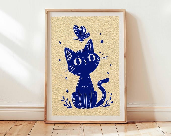 Blue Cat With Butterfly Wall Art Print, Unframed Paper Poster 8x10in ...