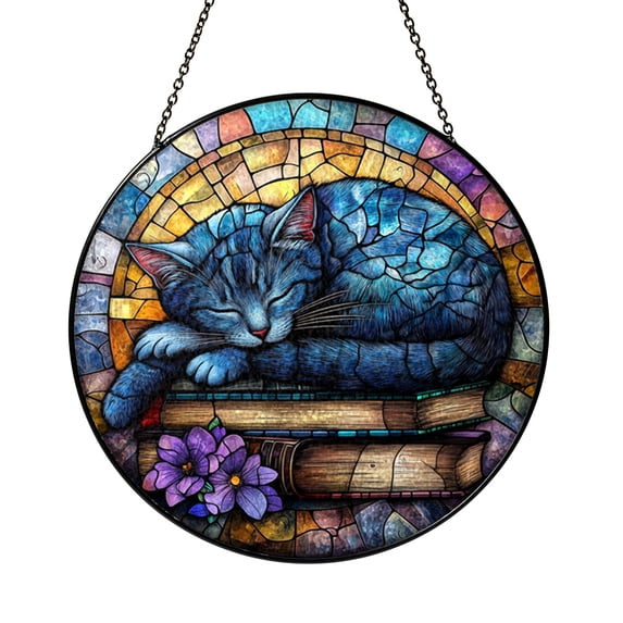 Blue Cat and Book Glass Suncatcher Window Hanging, Ghost Reading Scene ...
