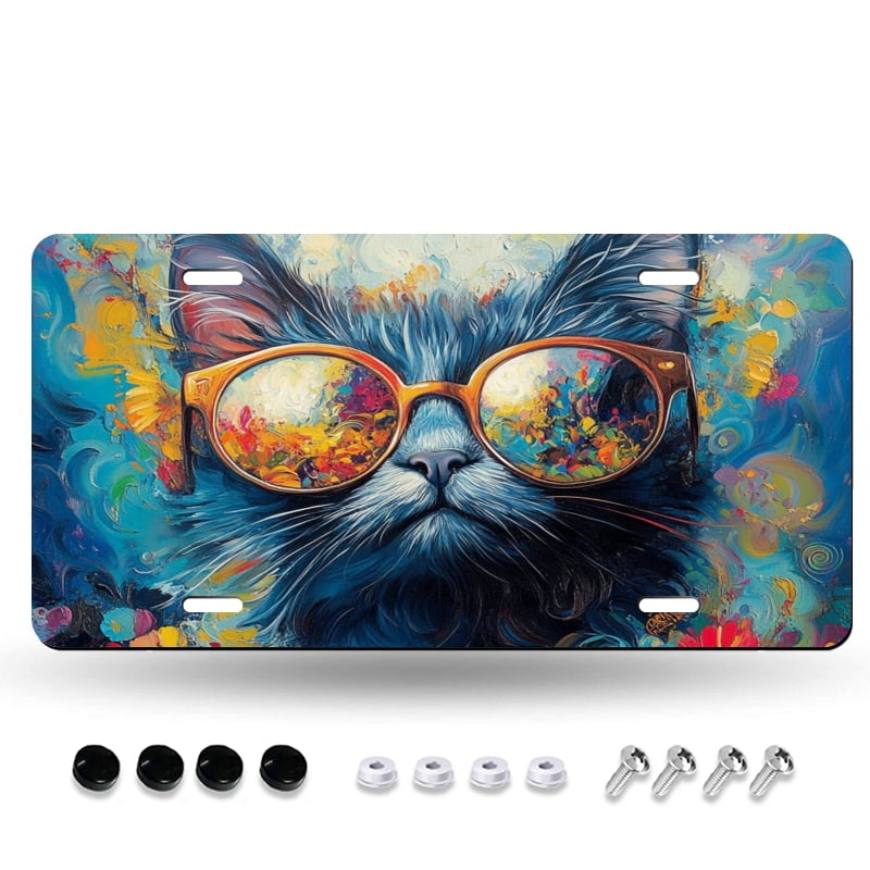 Blue Cat with Glasses License Plate Frame, Decorative Novelty License ...