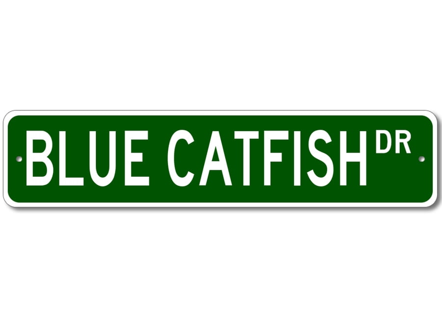Blue Catfish Fish Sign Metal Wall Decor Fishing Street Sign Size: 4 x ...