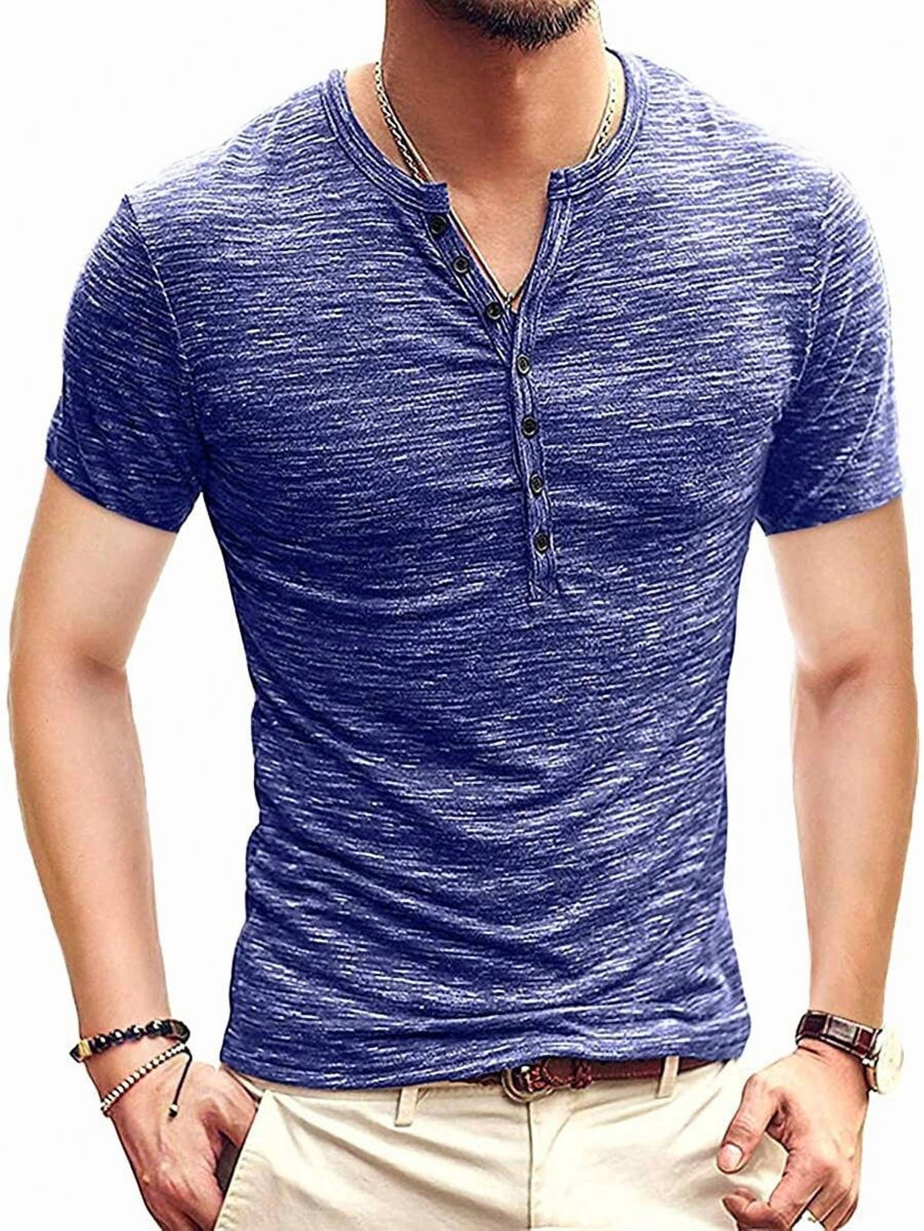 Blue Cationic Stretch Comfort Mens Short Sleeve Henley Slim Fit T-Shirt ...