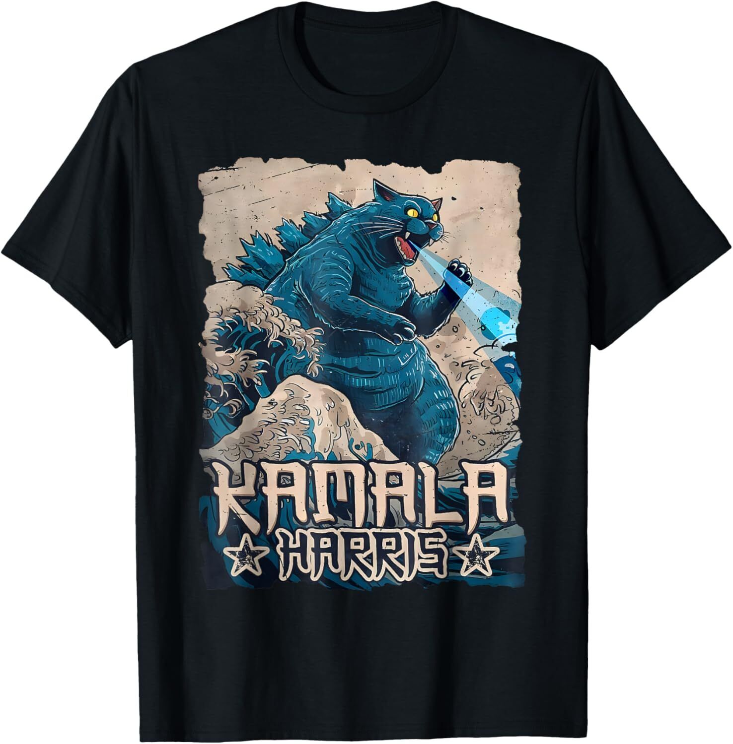 Blue Cats Wave For Kamala Harris Japanese Art Kaiju Catzilla Unisex T ...
