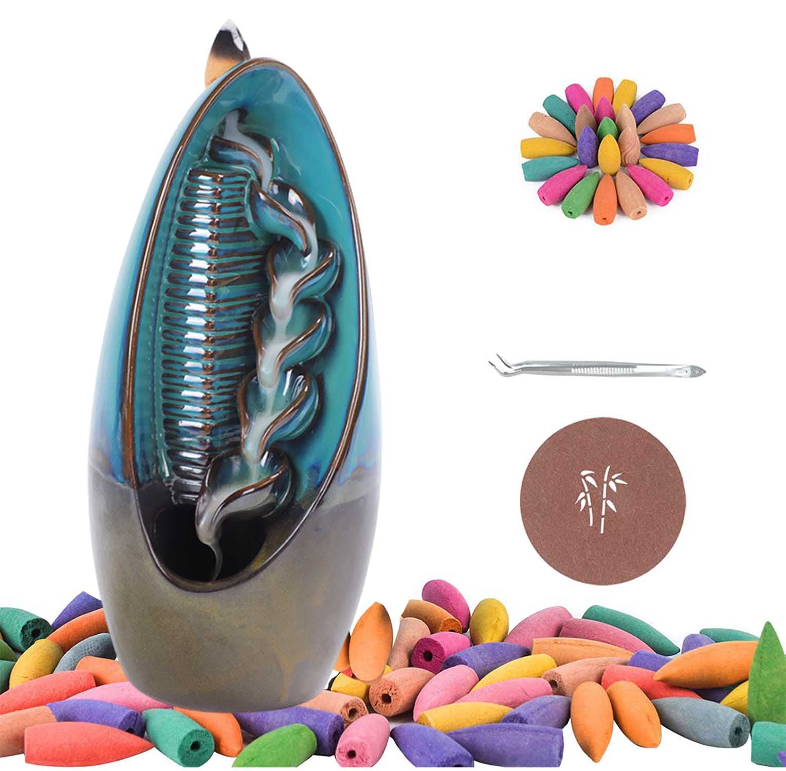 Blue Ceramic Backflow Incense Holder & with Burner 180 Cones ...