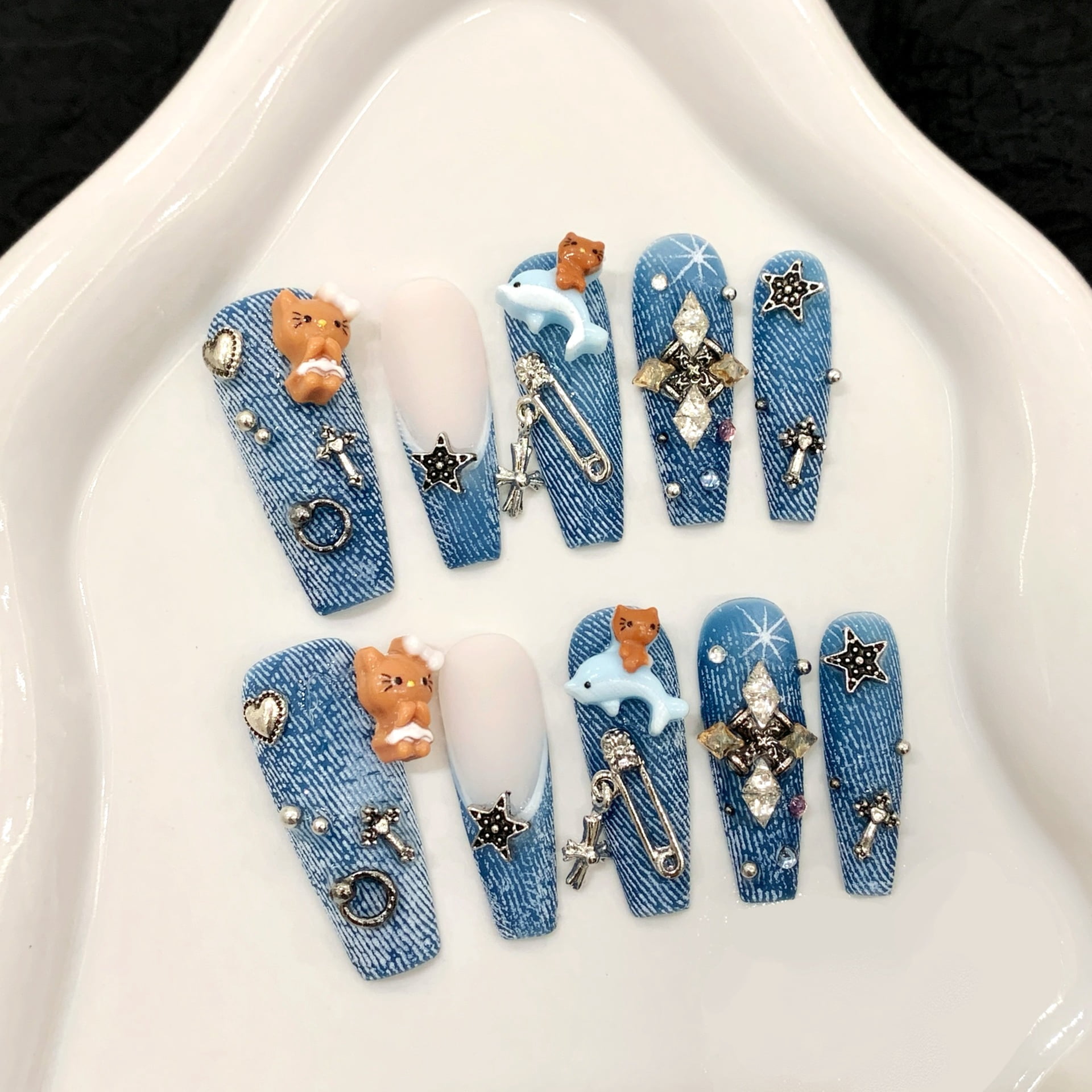 Blue Ceramic Embossed Press On Nails for Women Long Coffin Playful Yet ...