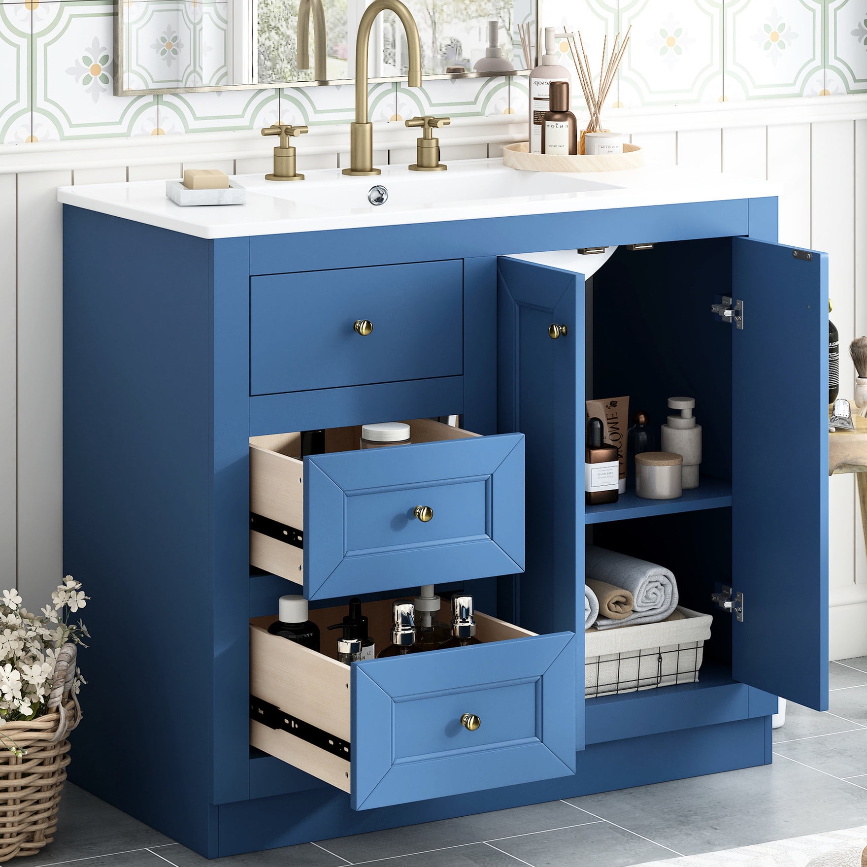 Blue Ceramic Sink - High-capacity Storage - Bathroom Convenience ...