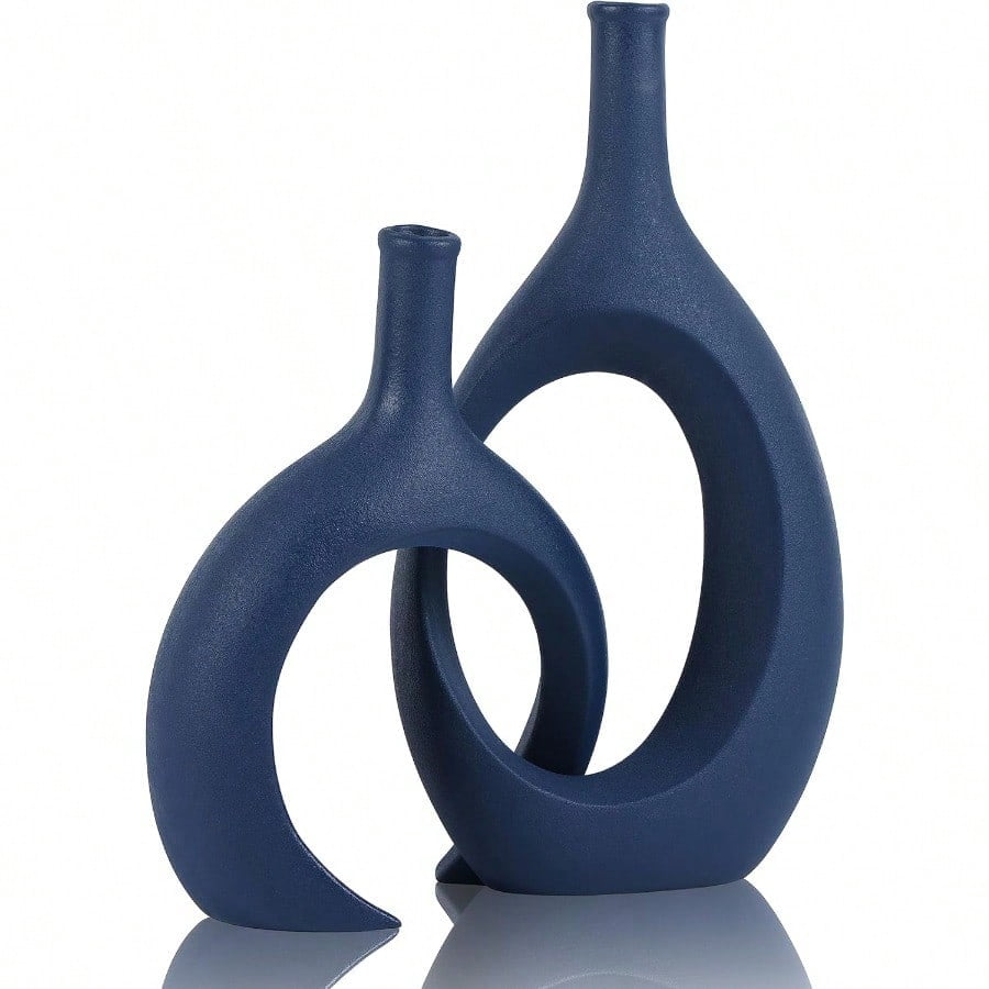 Blue Ceramic Vase Set of 2 - Modern Navy Blue Vase for Dining Table ...