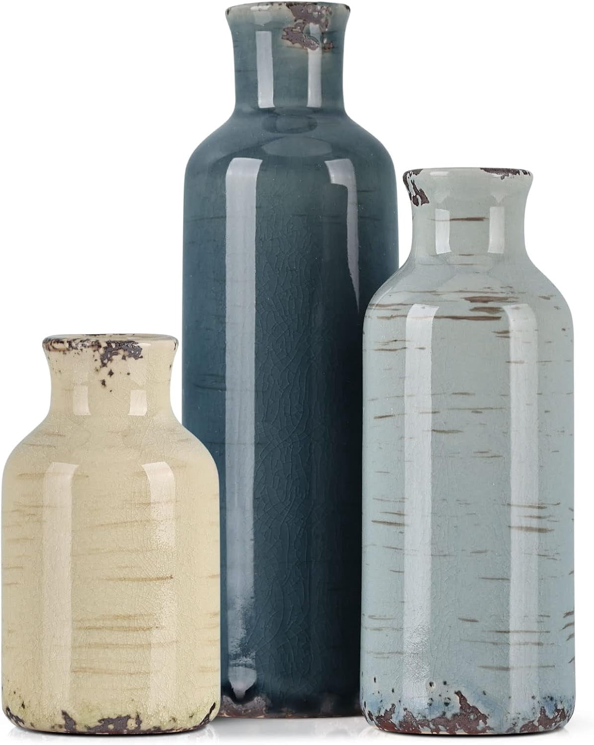 Blue Ceramic Vase Set - 3 Blue Small Vases, Farmhouse Country Flower ...