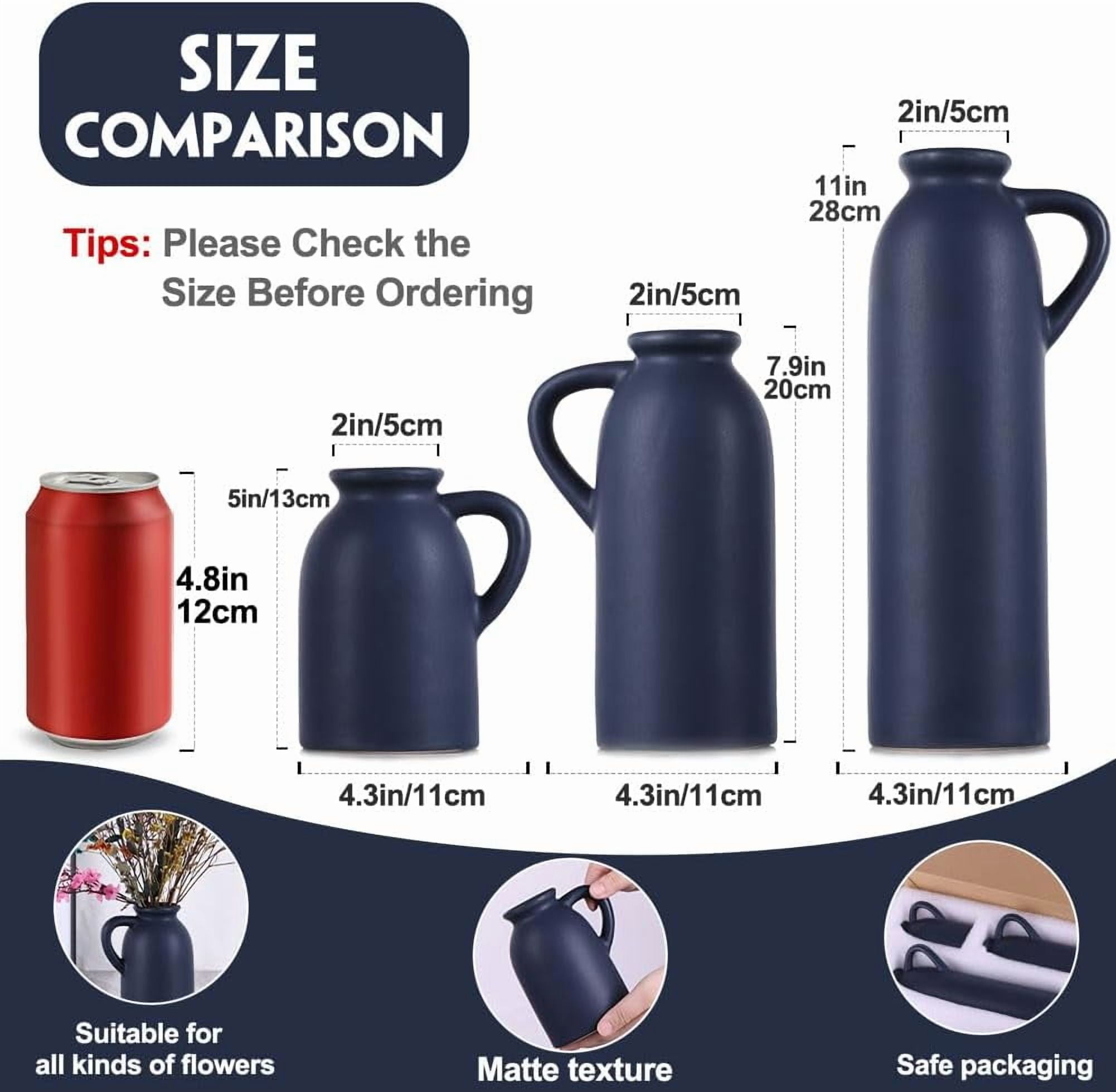 Blue Ceramic Vase Set with Handles - 3 Matte Blue Jug Vases for Home ...