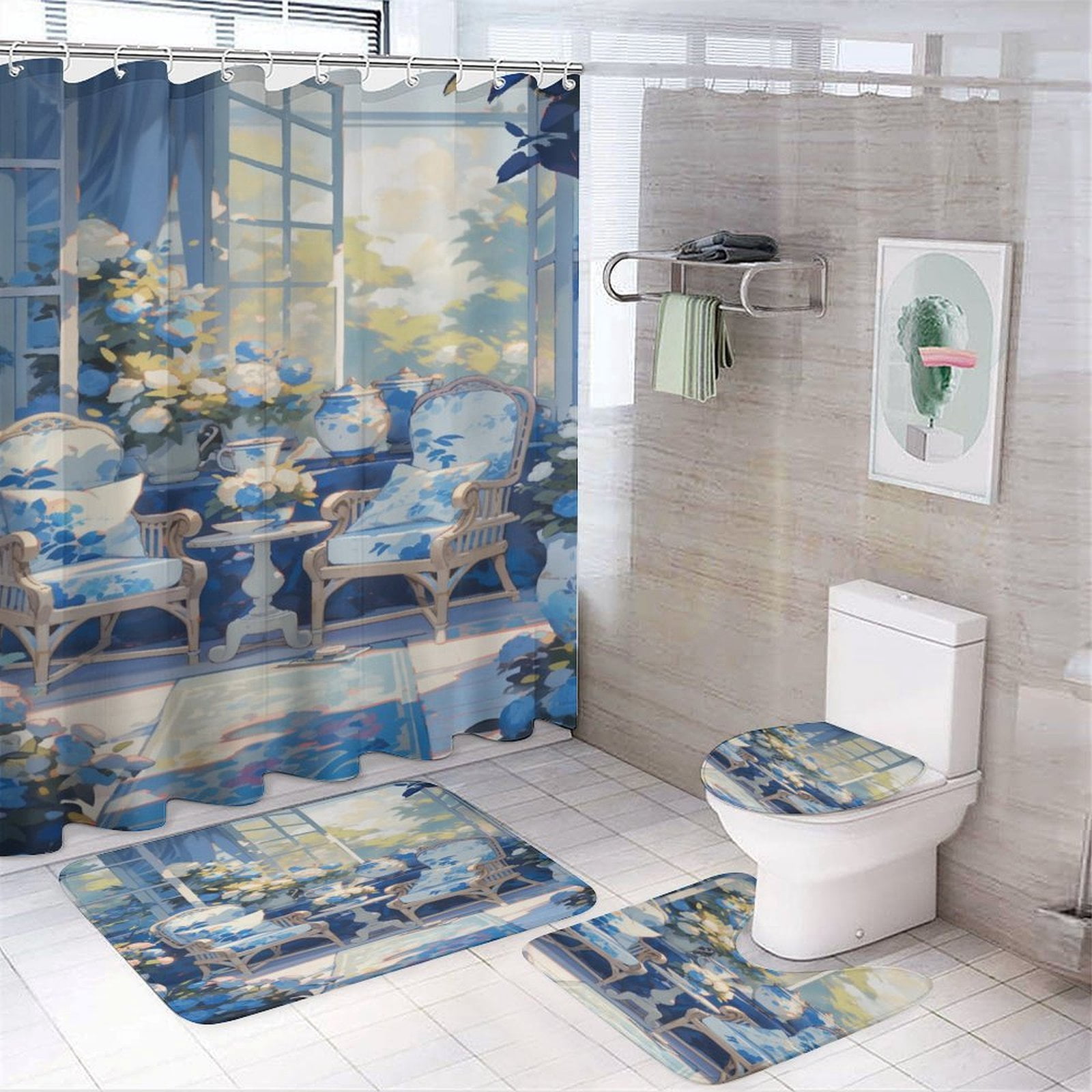 Blue Chairs And Flowers Shower Curtain Sets 4 Piece with Non-Slip Rugs ...