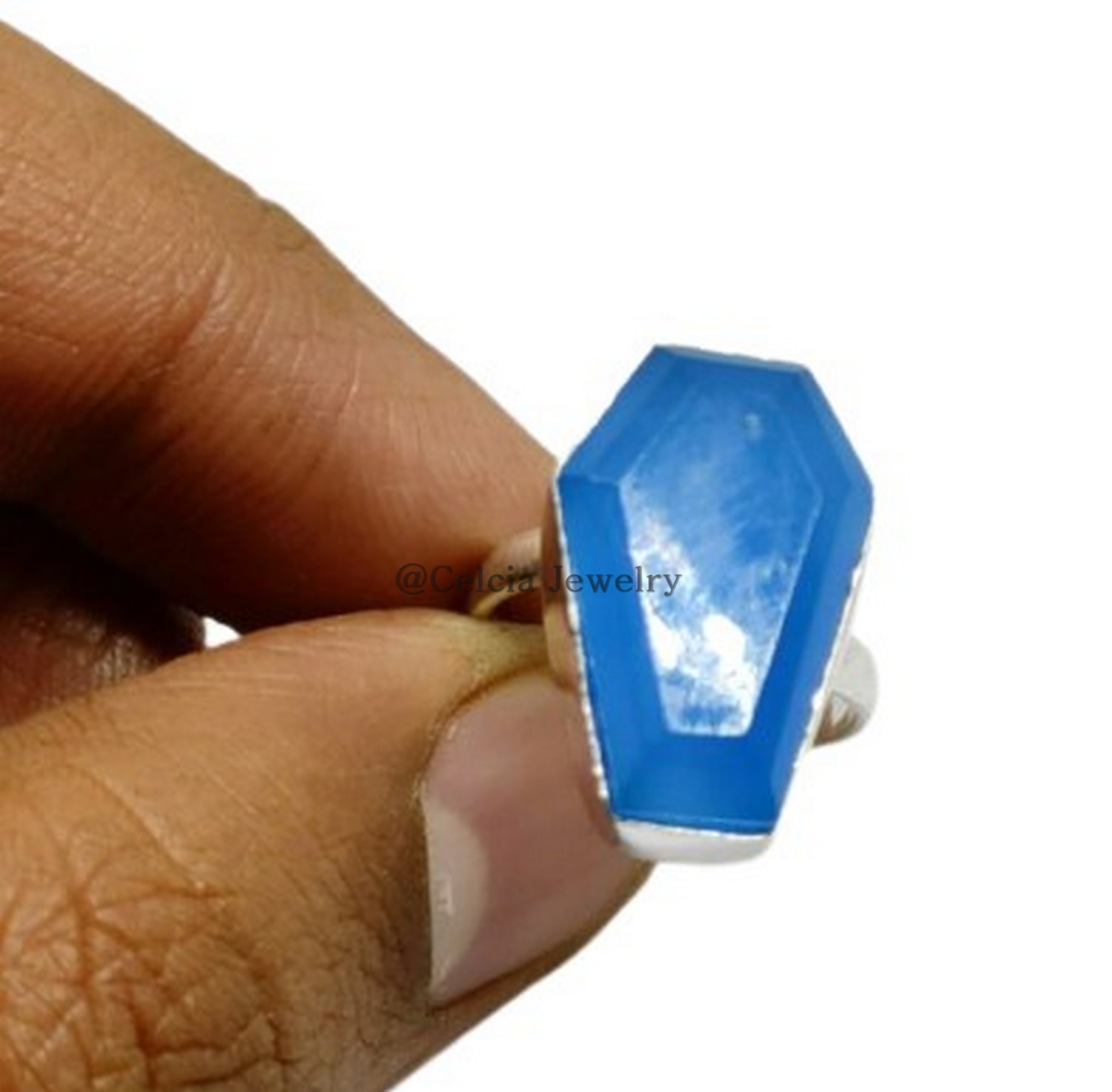 Blue Chalcedony Genuine Gemstone Coffin Ring, Natural 925 Sterling ...
