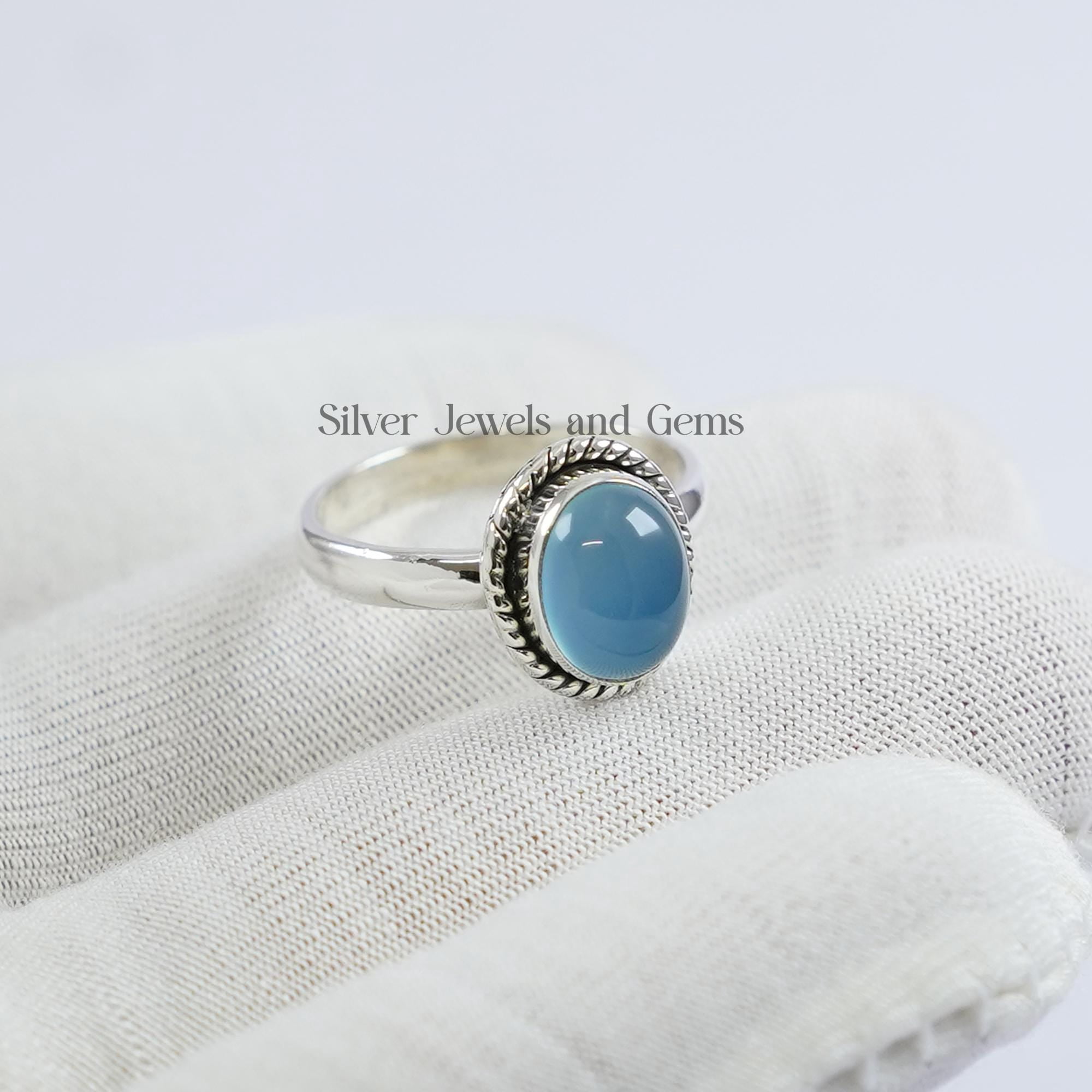 Blue Chalcedony Ring, 925 Sterling Silver Oval Gemstone, Handmade ...