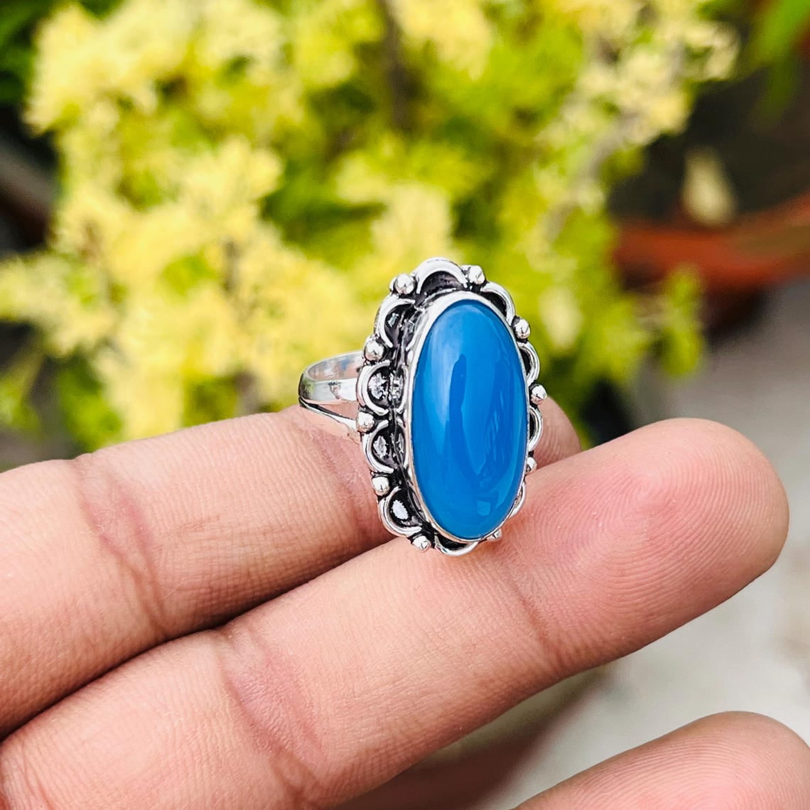 Blue Chalcedony Sterling Silver Oval Ring • Handmade Boho Statement Gemstone Jewelry • Women’s ...