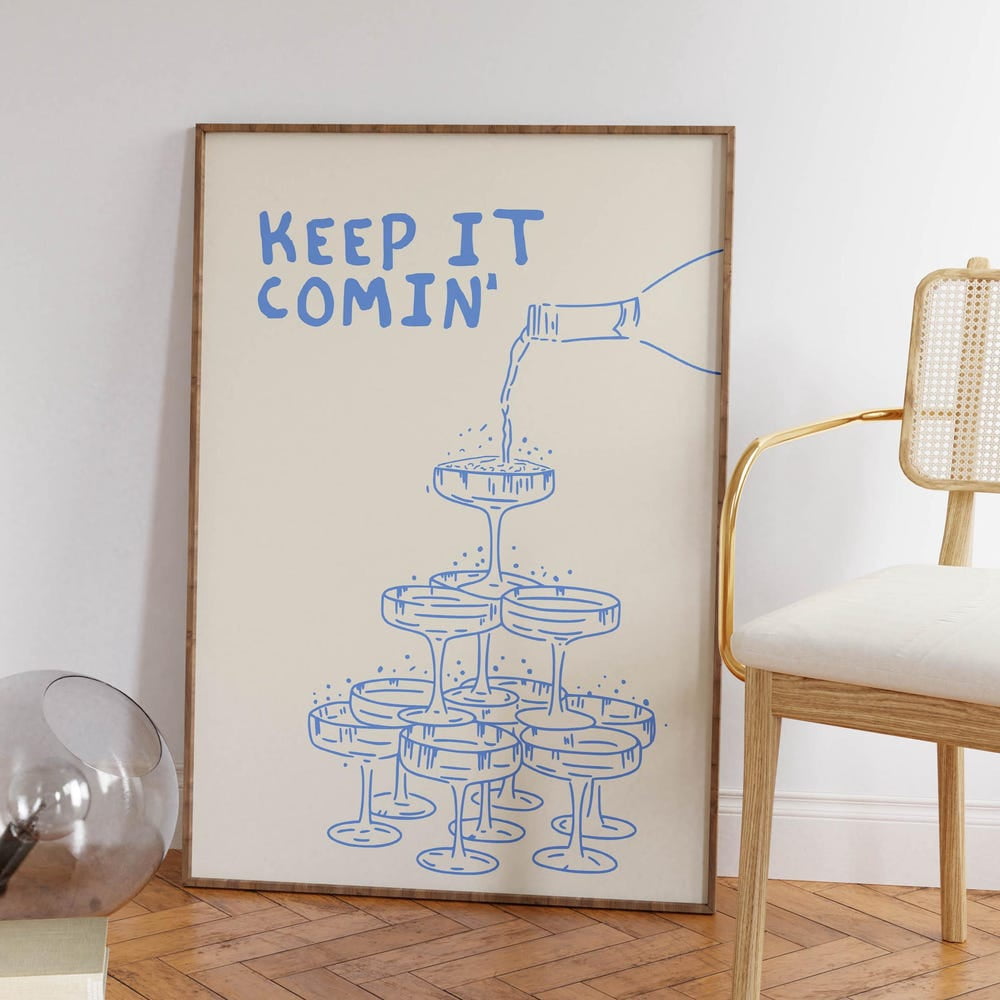 Blue Champagne Tower Print: Retro Bar Cart Decor UNFRAMED PAPER POSTER ...