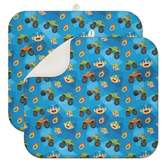 Blue Character Monster Cartoon Trucks Pattern Dish Drying Mat for ...