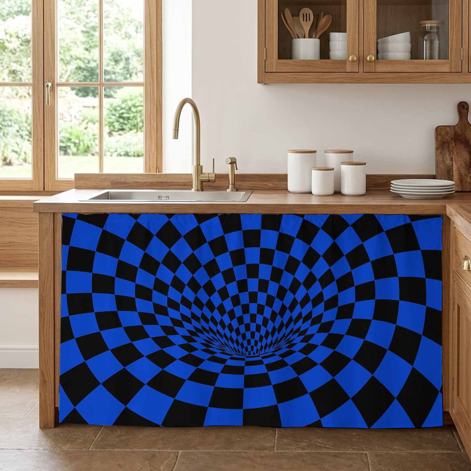 Blue Checker Cabinet Curtains for Kitchen 28"W x 51"L, Modern Abstract ...