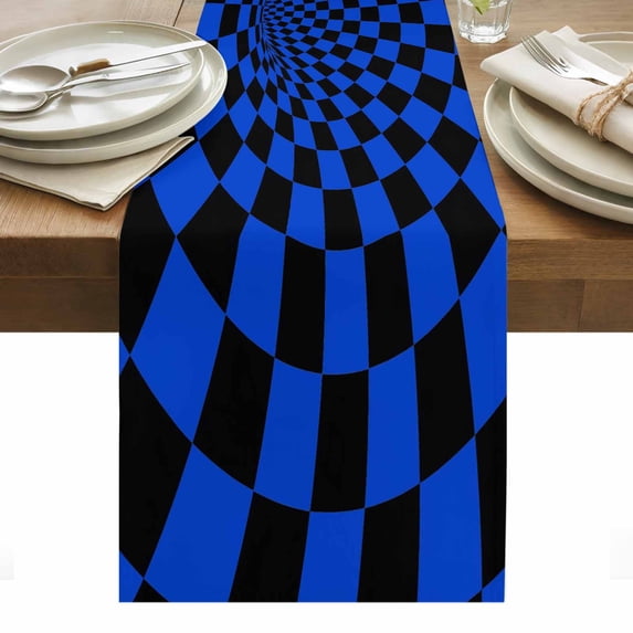 Blue Checker Cotton Linen Table Runner Modern Abstract Dark Blue Tunnel ...
