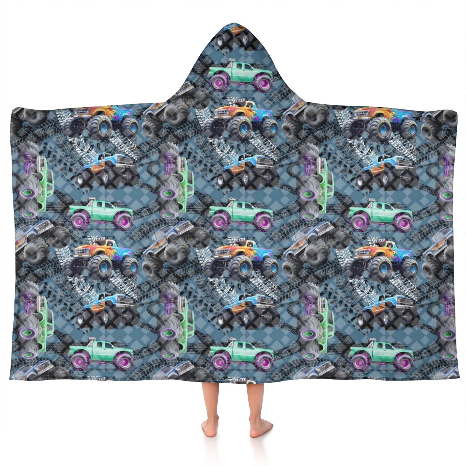 Blue Checker Monster Cartoon Trucks Pattern Hooded Bath Towel，50"x30 ...