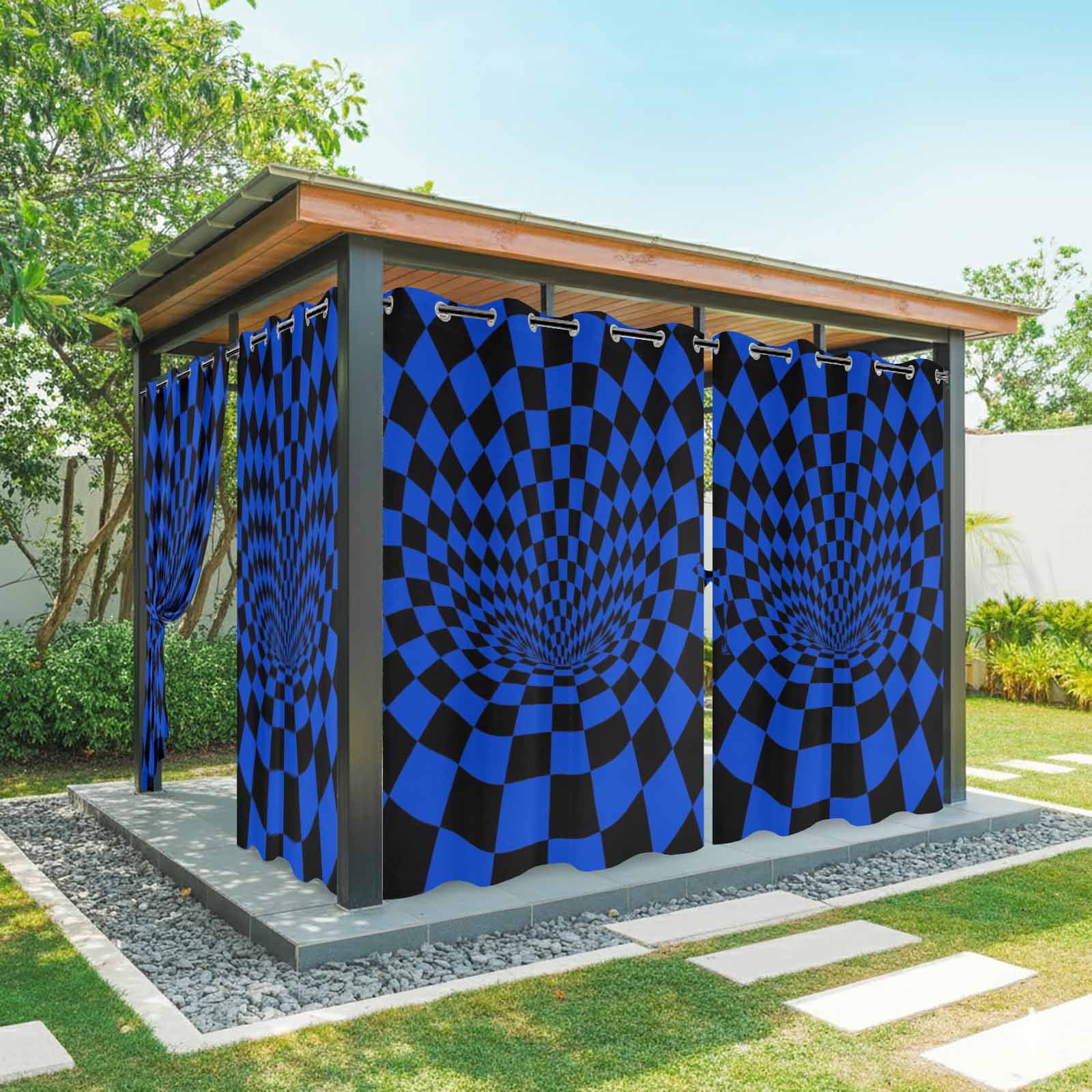 Blue Checker Outdoor Curtains for Patio, Modern Abstract Dark Blue ...