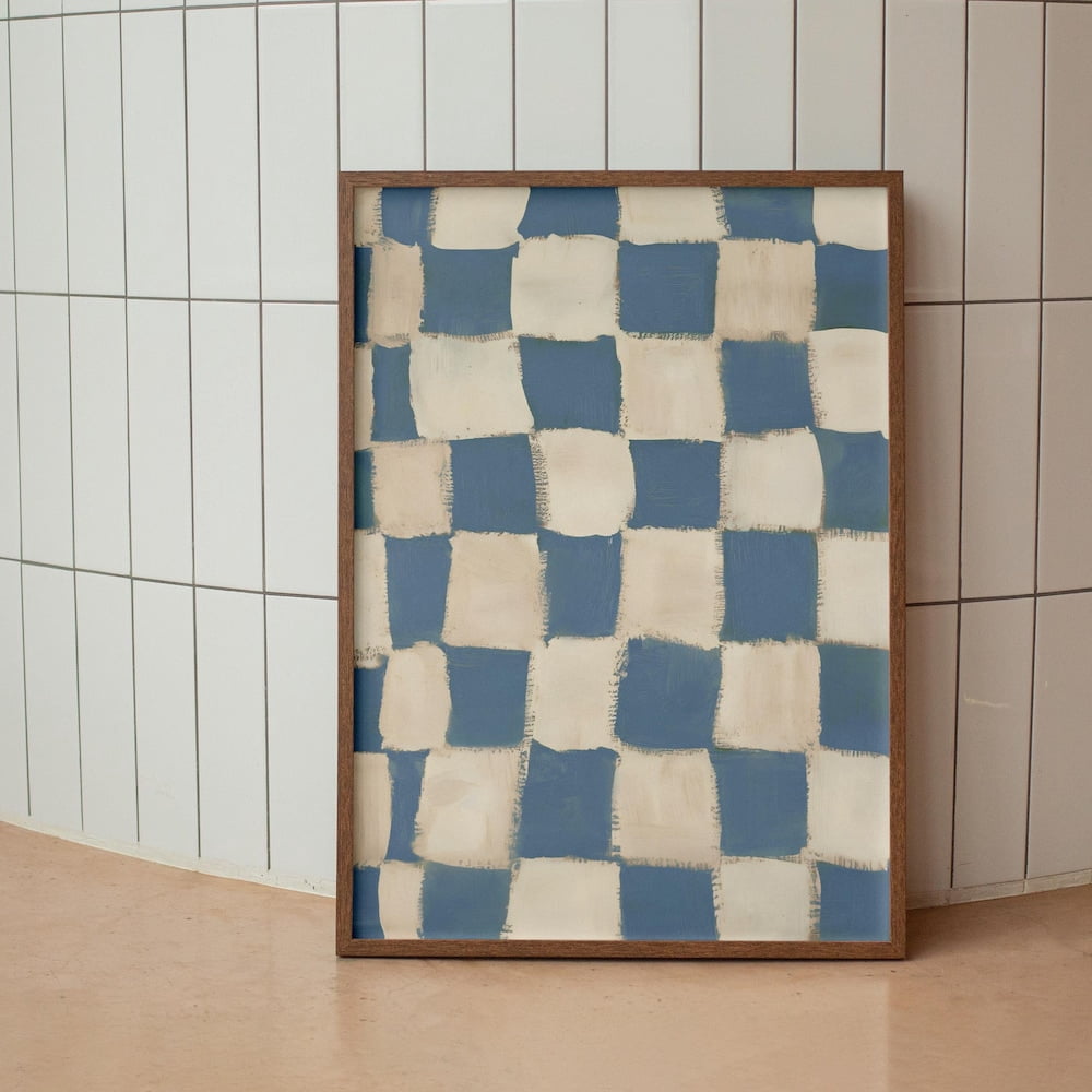 Blue Checker Print Wall Art Retro Wall Art Hand Painted Print Fun Wall ...