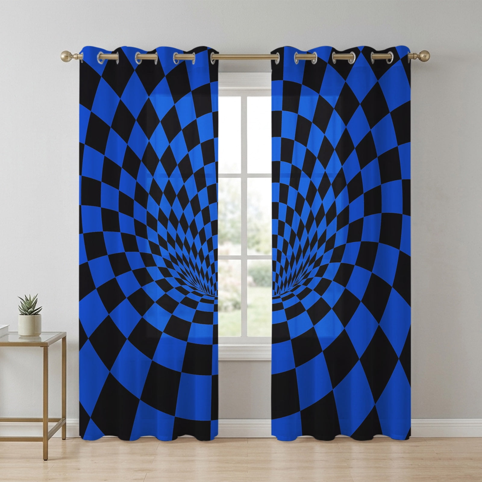 Blue Checker Sheer Curtains 84 Inch Long 2 Panels, Modern Abstract Dark ...