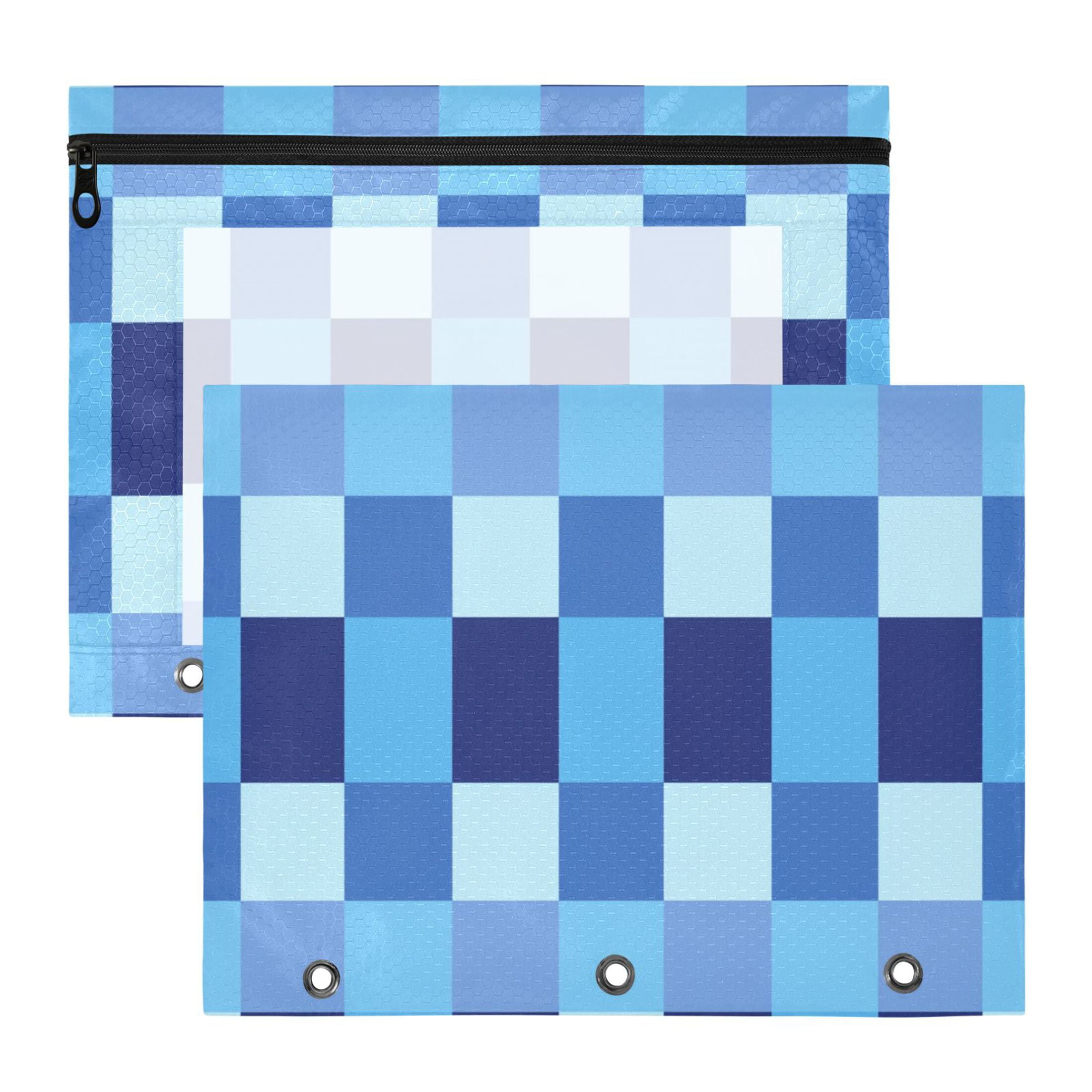 Blue Checkerboard Pixel Art 3-Ring Binder Pouches A4 Size Zipper Pocket File Storage 2 Packs ...