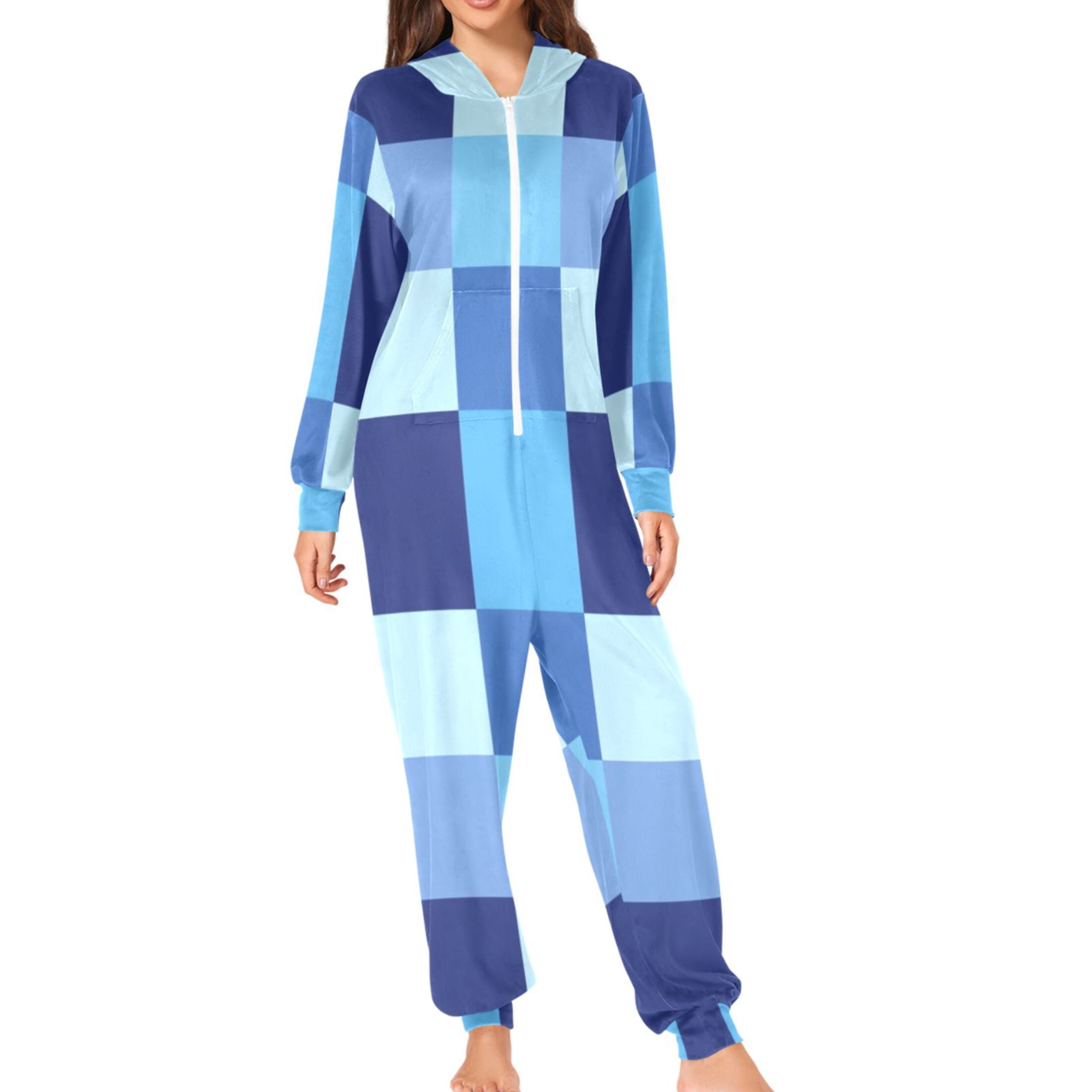 Blue Checkerboard Pixel Art Adult's Hoodie Onesie Jumpsuit One-Piece ...