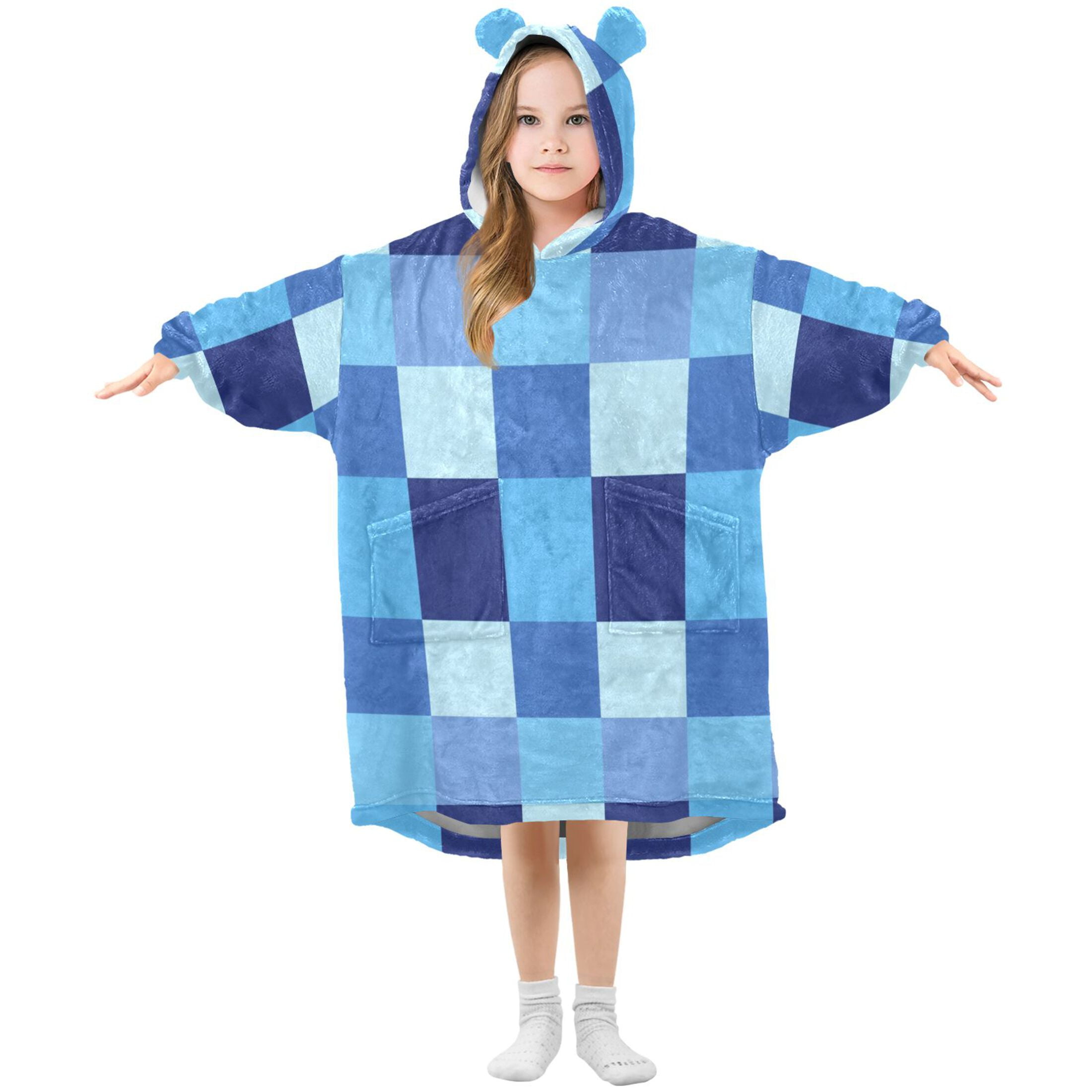 Blue Checkerboard Pixel Art Flannel Wearable Blankets Hooded Design ...