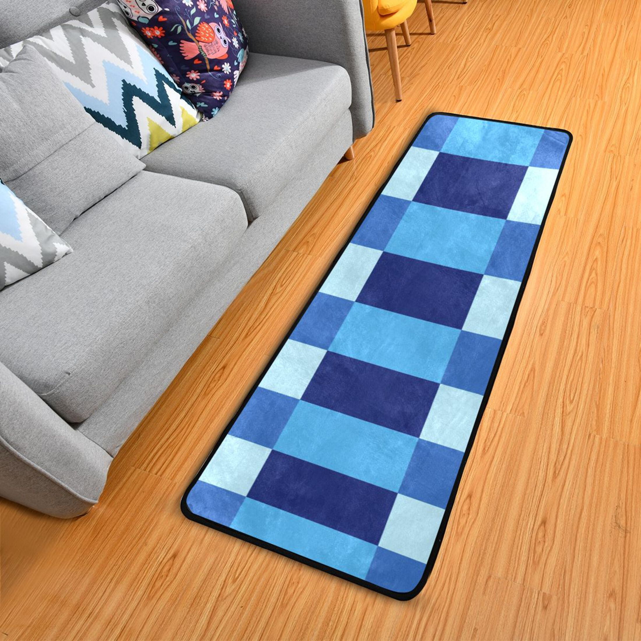 Blue Checkerboard Pixel Art Long Floor Mat Runner Rug Area Mat Noise Reduction Water Absorbent ...