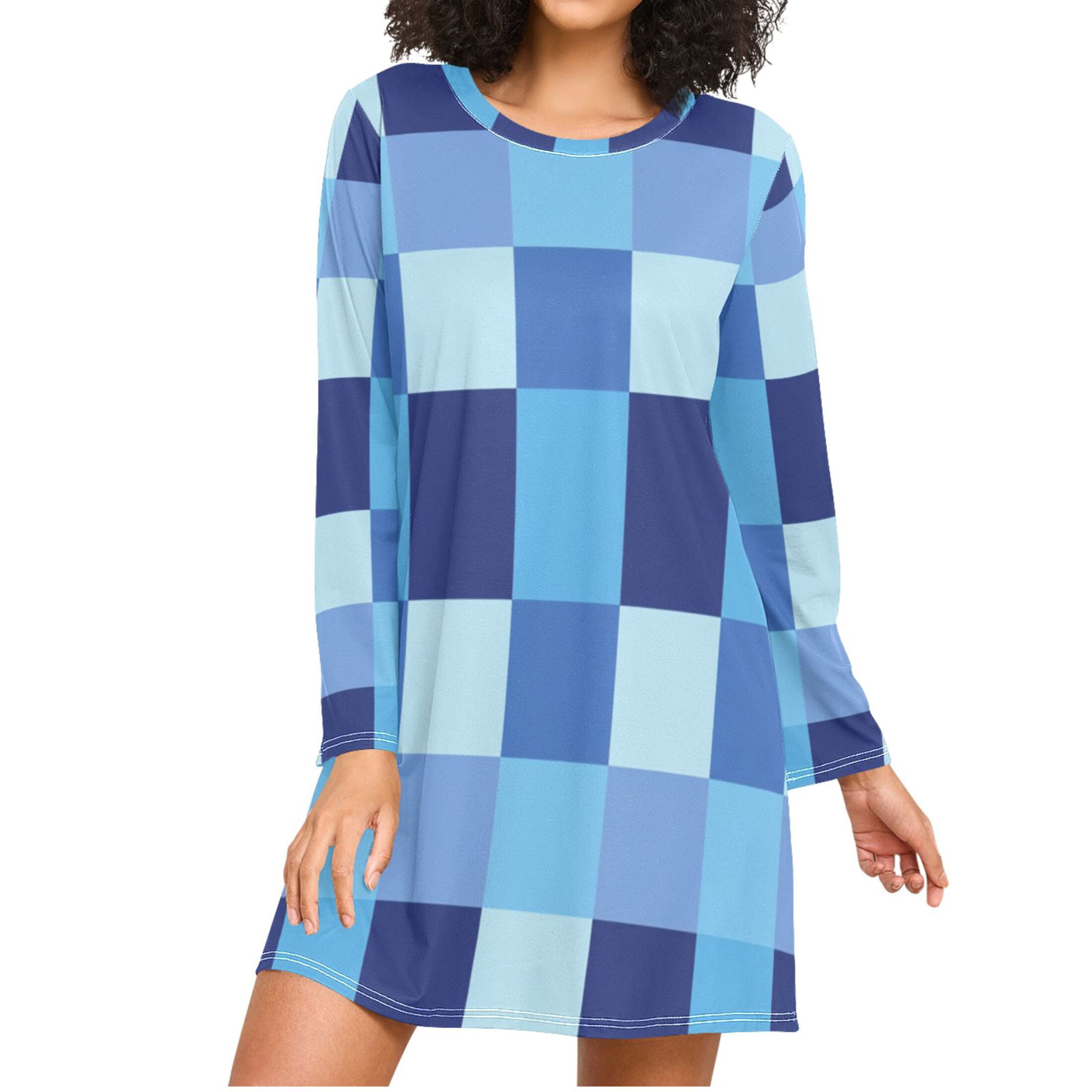 Blue Checkerboard Pixel Art Women's Long Sleeves Nightgowns Sleepwear ...