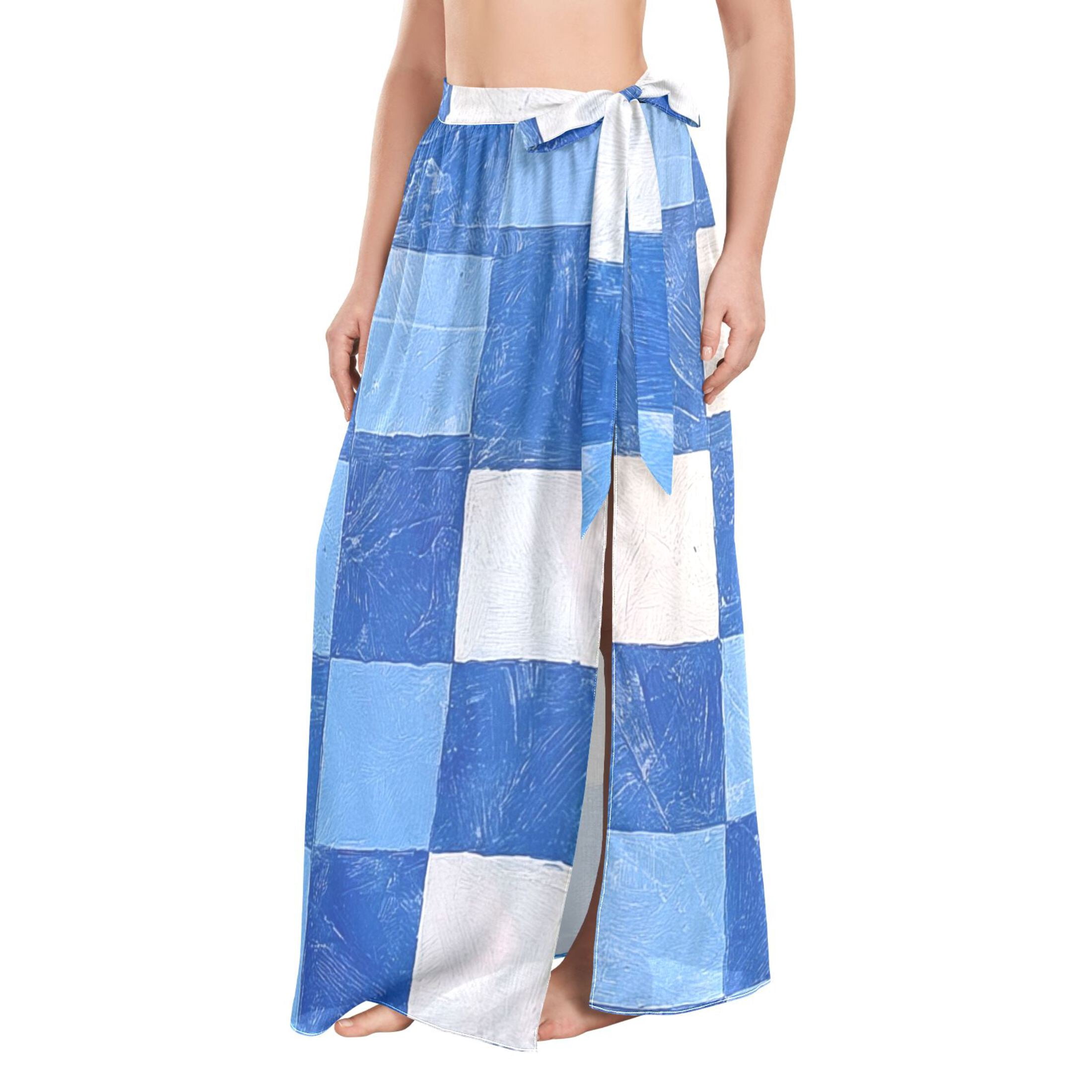 Blue Checkerboard Women's Swimwear Cover Ups Strappy Beach Dress Sarong ...