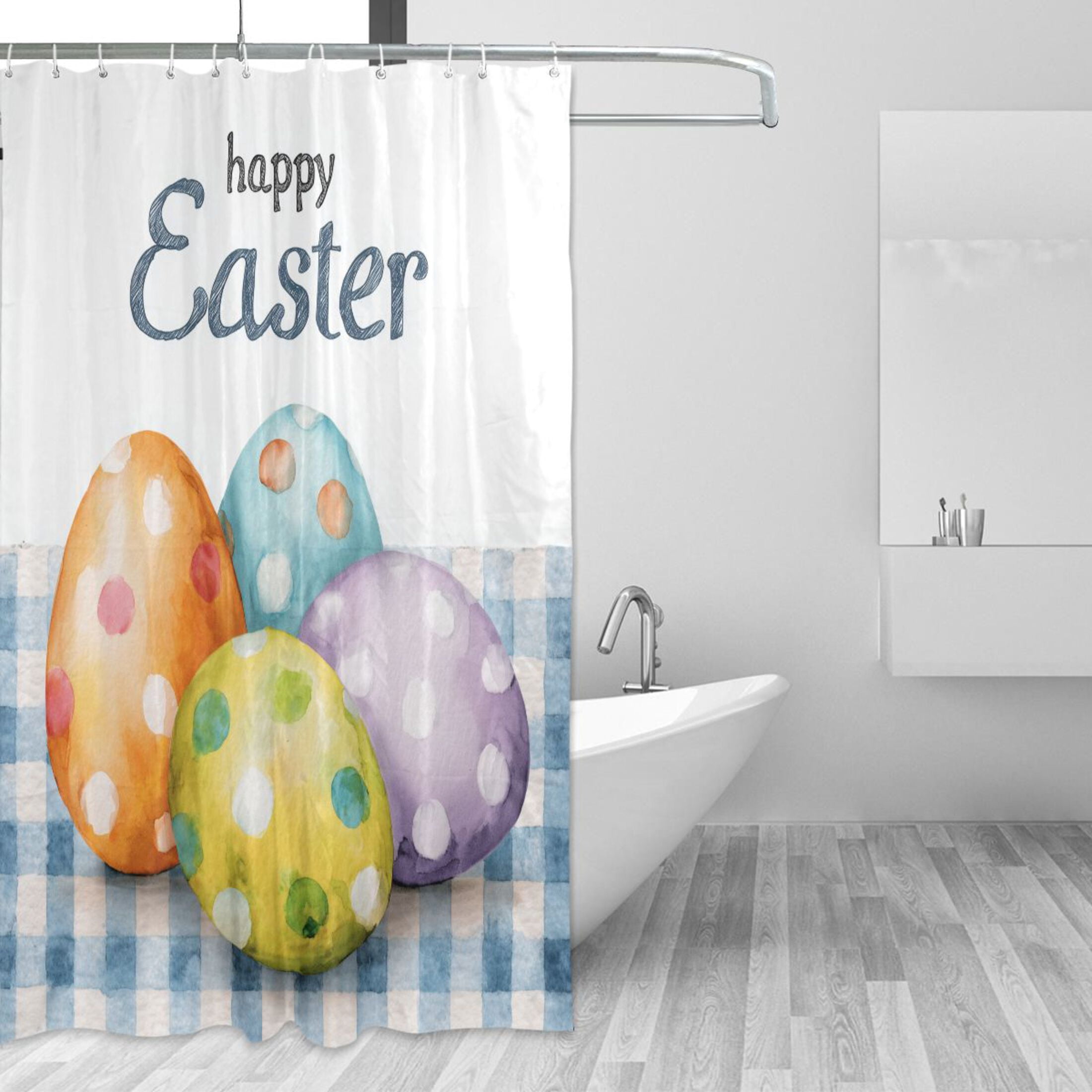 Blue Checkerboard with Watercolor Easter Eggs Shower Curtains with 12 ...