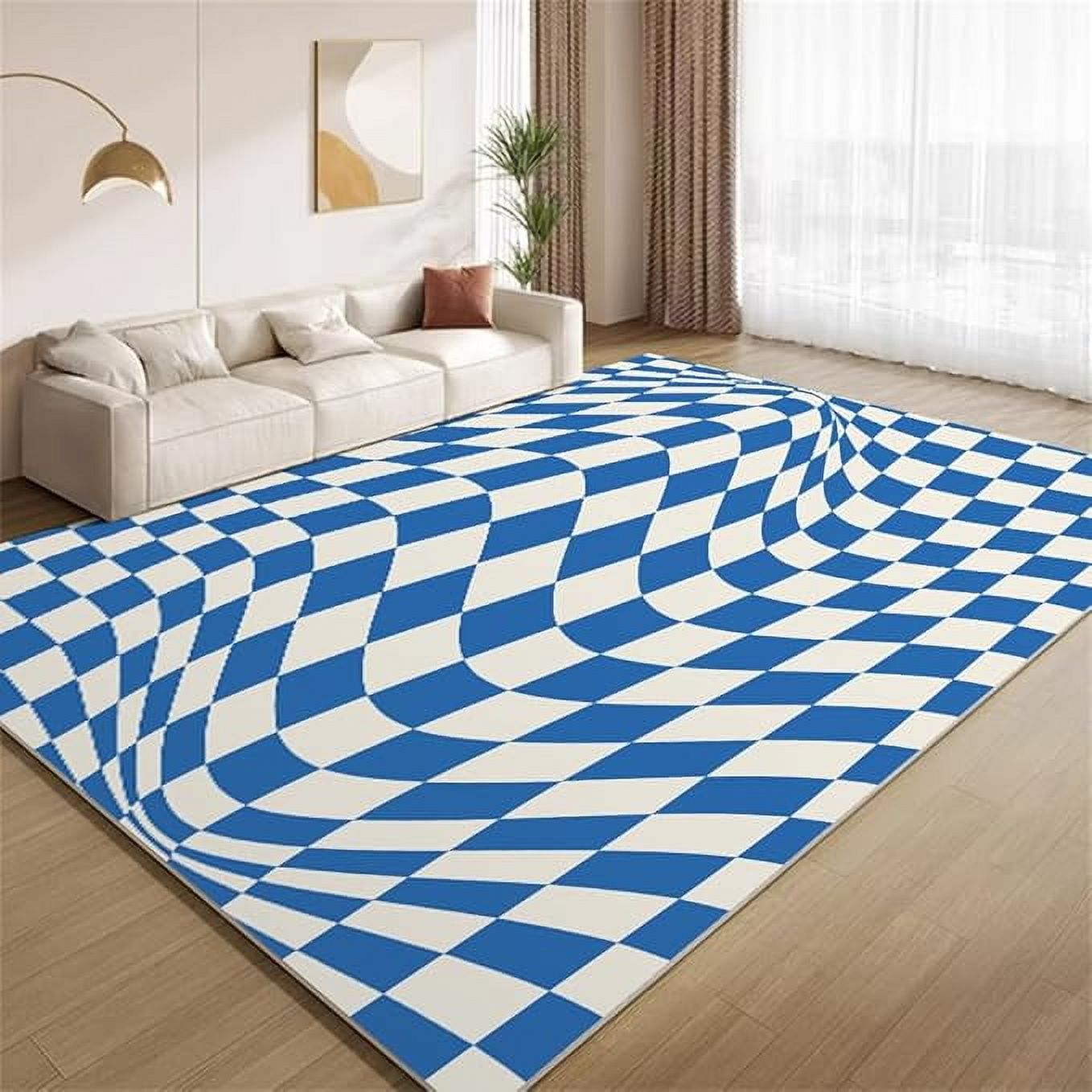 Blue Checkered Area Rug, Illusion Rug, Indoor Entry Rugs Non-Slip Machine Washable Easy To Clean ...