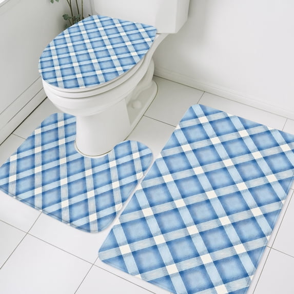 Blue Checkered Bathroom Rugs Set Modern Minimalist Watercolor Country ...
