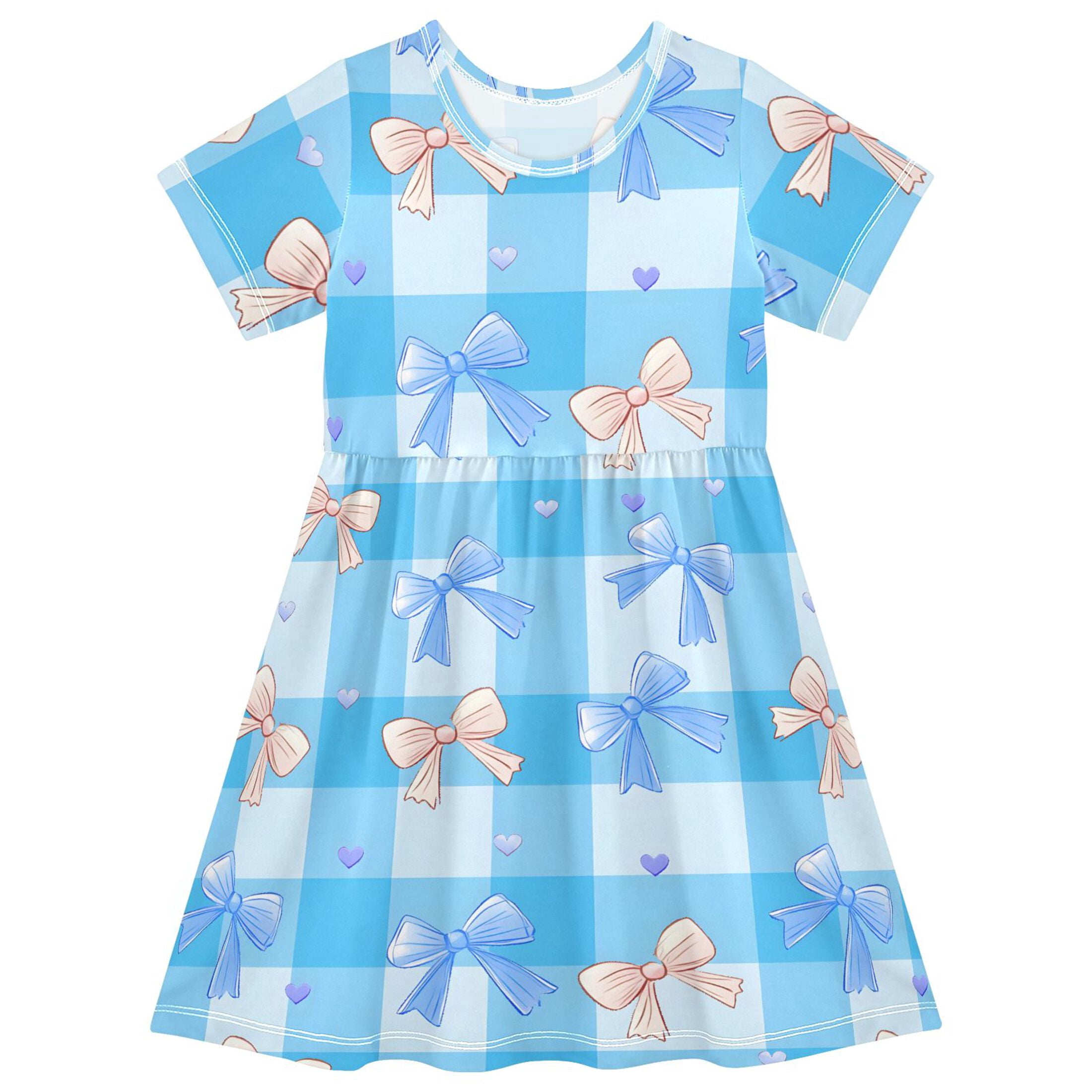 Blue Checkered Bow Pattern Girls Short Sleeve Dress A Line Sun ...