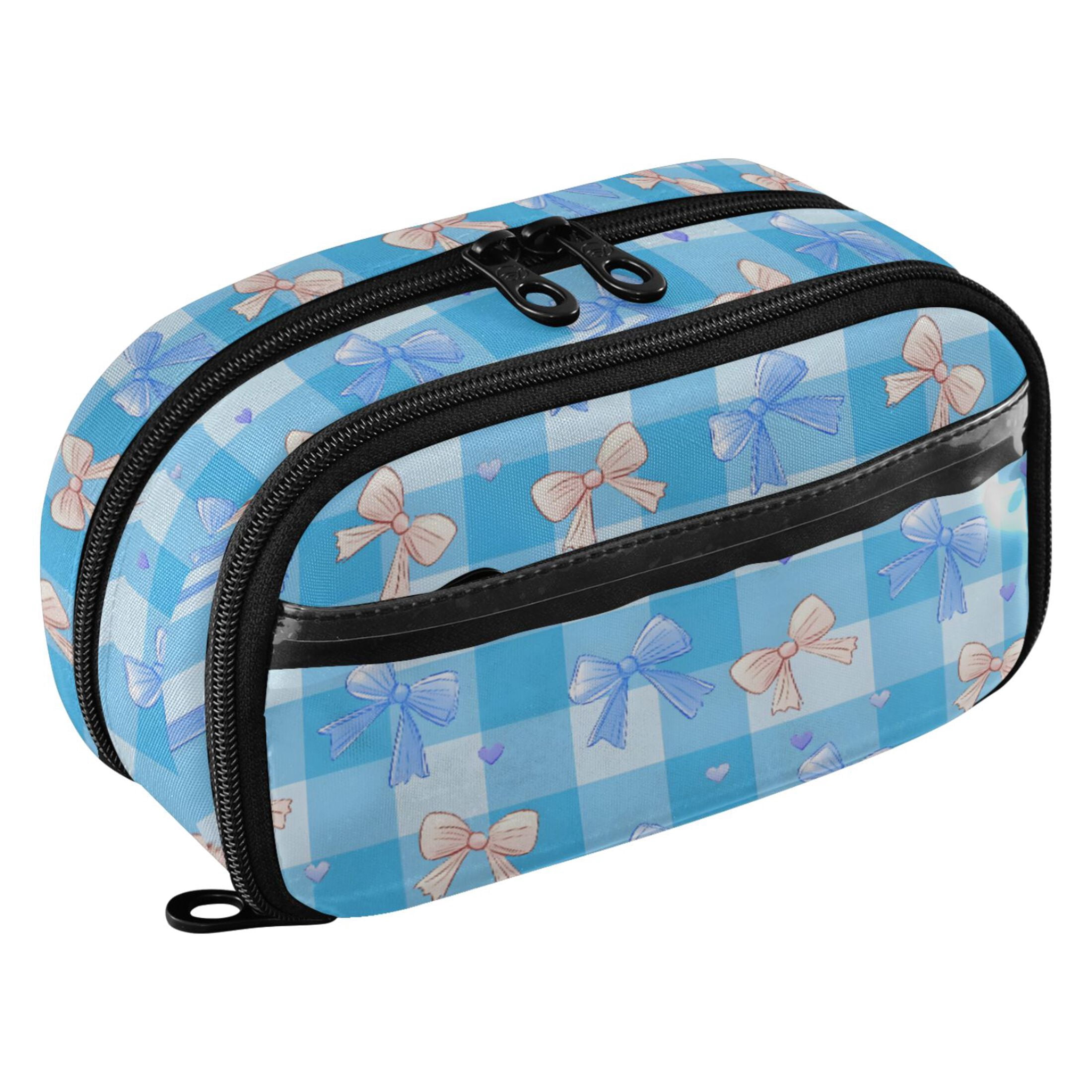 Blue Checkered Bow Pattern PVC Pencil Case Water-Repellent Clear Window ...