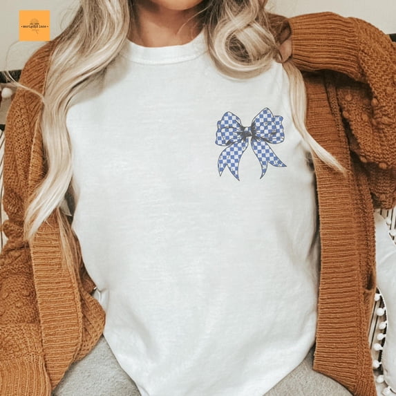 Blue Checkered Bow Tshirt Coquette Game Day Mascot Tee - Walmart.com