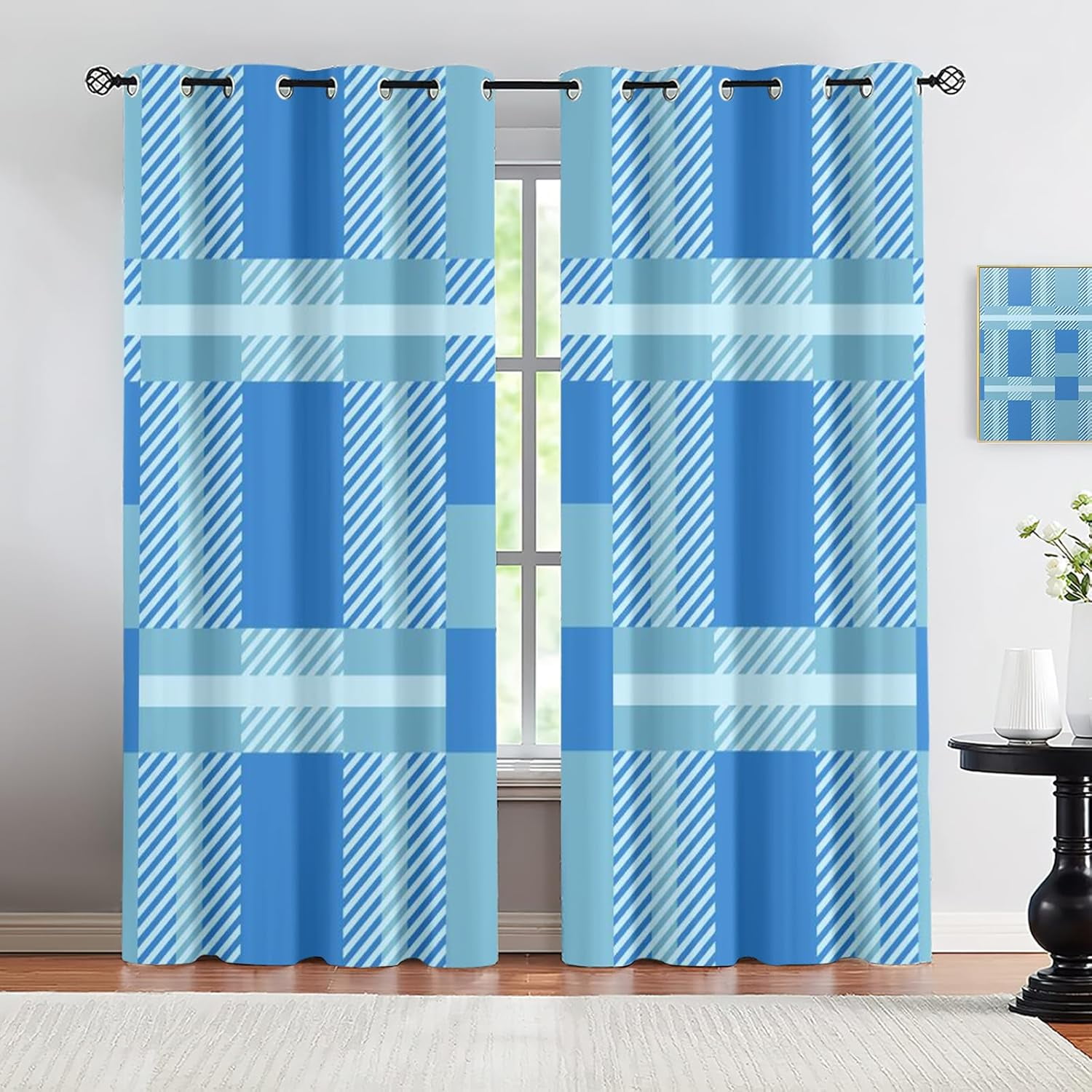 Blue Checkered Boys Bedroom Curtains, Abstract Geometric Art 3D Print ...