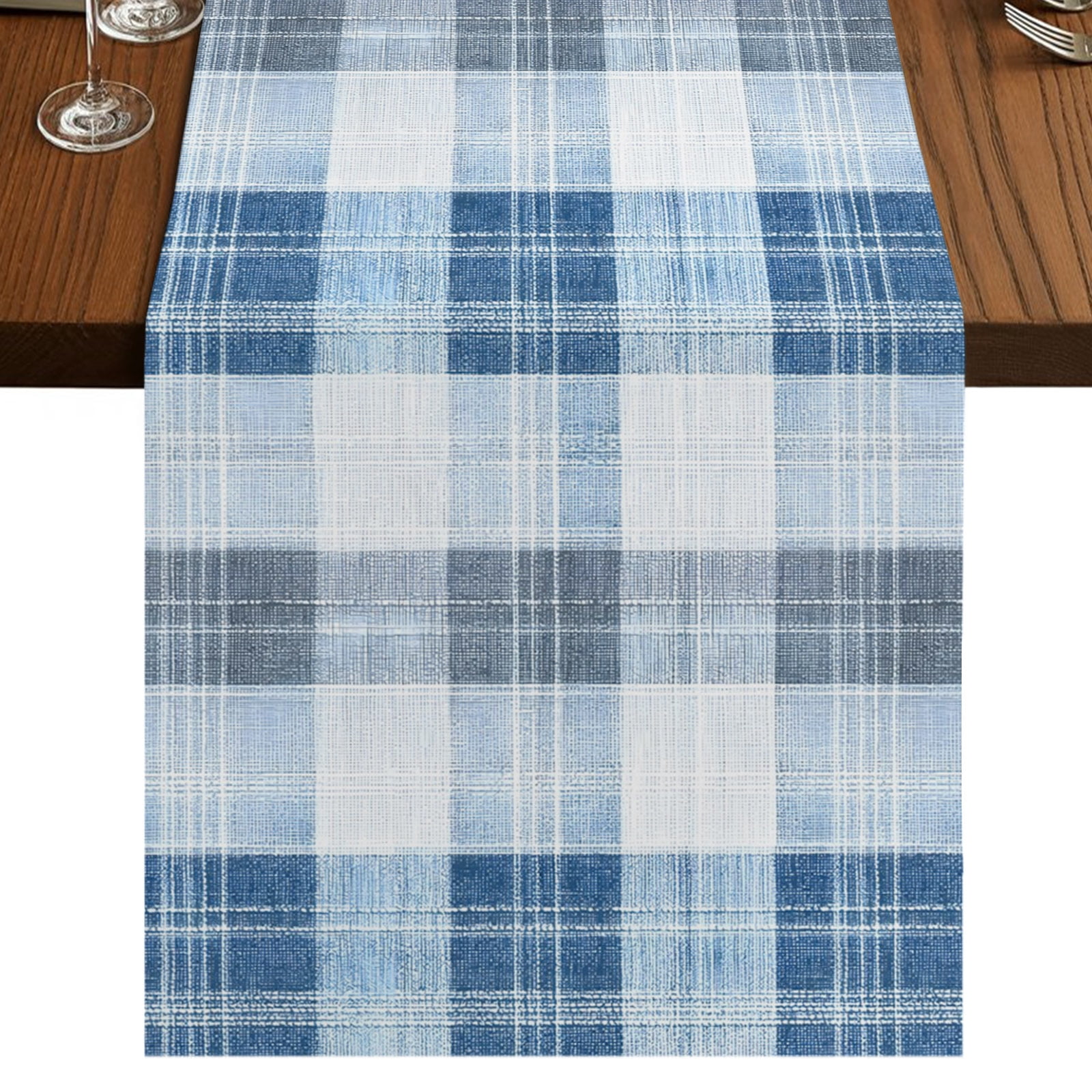 Blue Checkered Burlap Cotton Table Runner 13x72 Inches Long, Farmhouse ...
