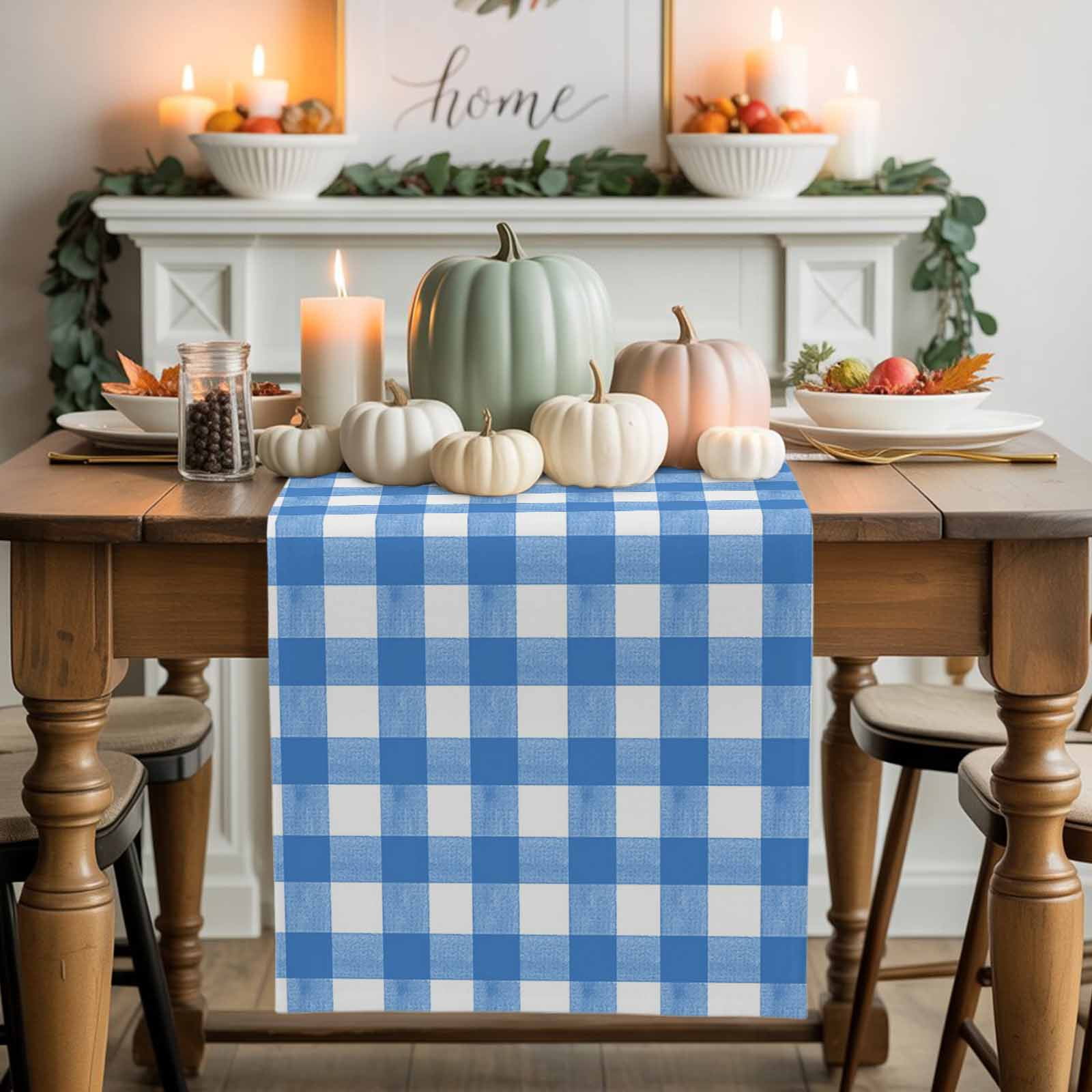Blue Checkered Cotton Linen Table Runner, Washable Table Runners for ...