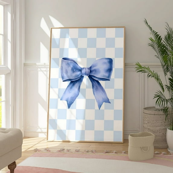 Blue Checkered Cowgirl Bow Wall Art, Stretched Canvas Size 16x24 ...