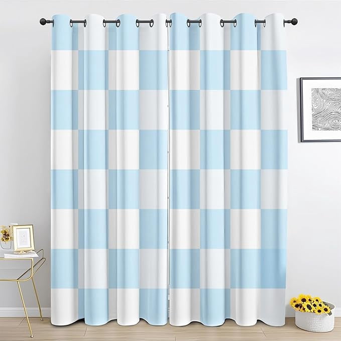 Blue Checkered Curtains, Checkerboard Blackout Curtains for Bedroom ...