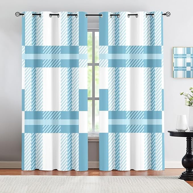 Blue Checkered Curtains For Window, Check Plaid Blackout Curtains For ...