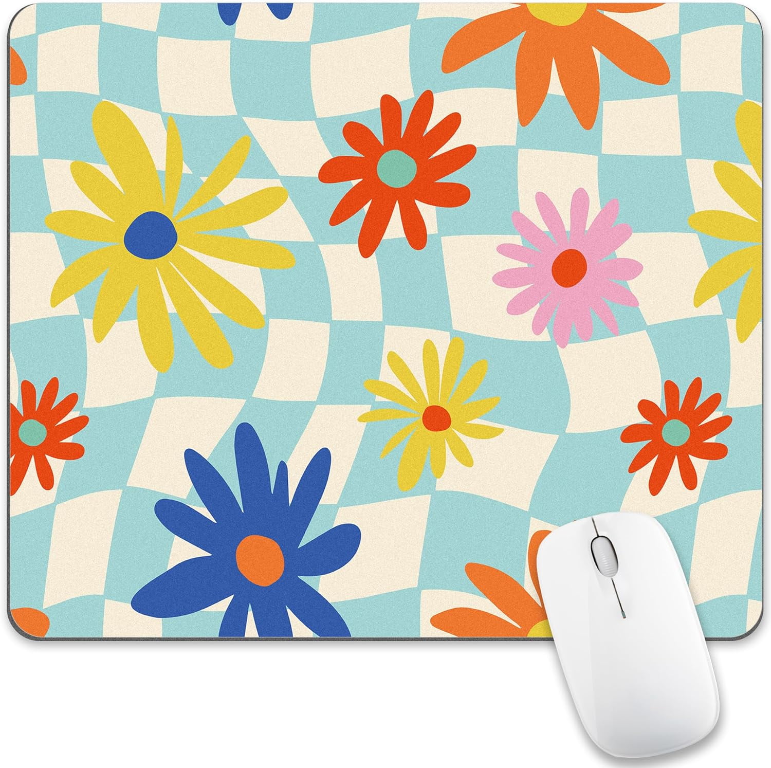 Blue Checkered Flower Mouse Pad Cute, Retro 60s 70s Floral Daisy Rectangular Mousepad Groovy ...