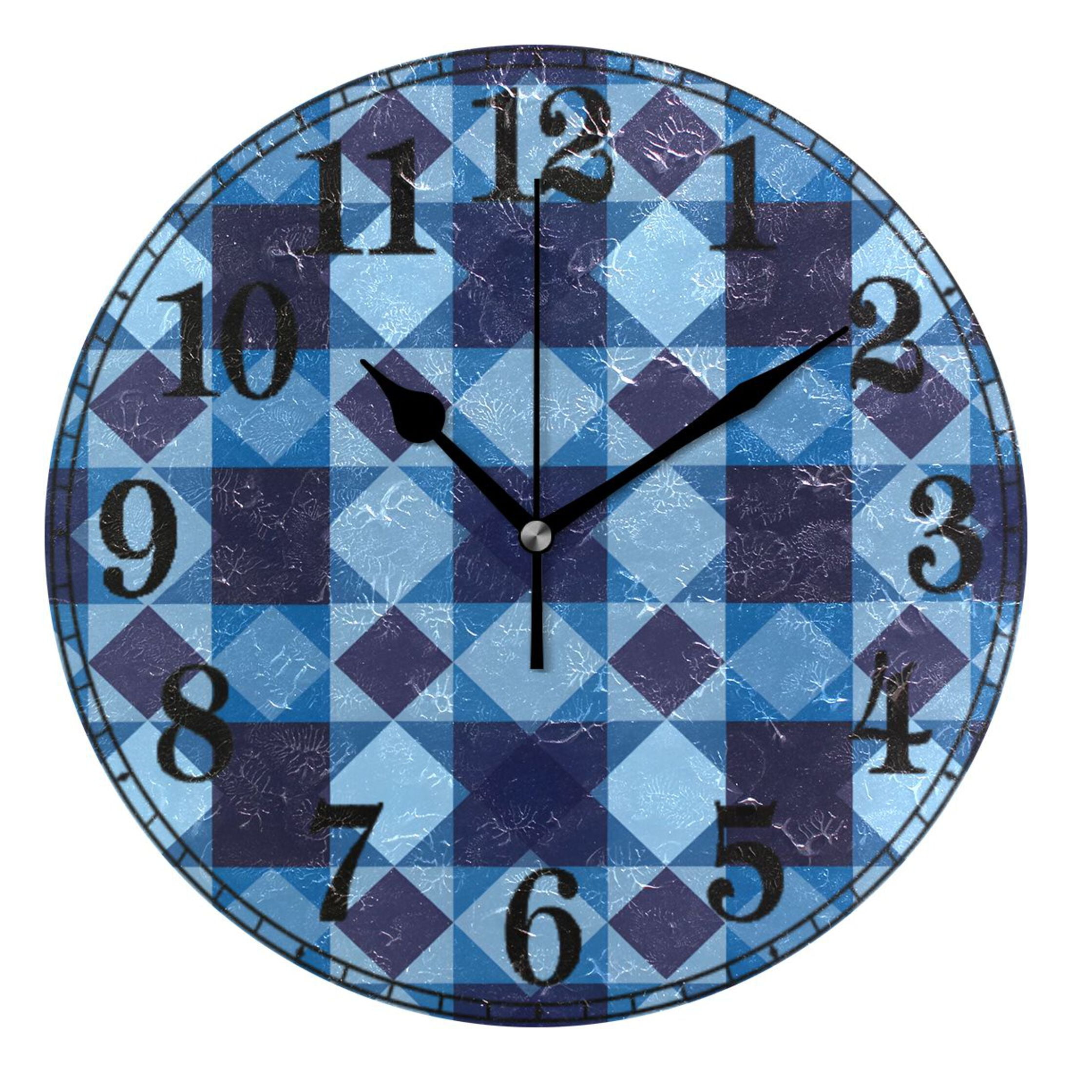 Blue Checkered Grid Pattern Silent Wall Clock 10" Non-Ticking Battery ...