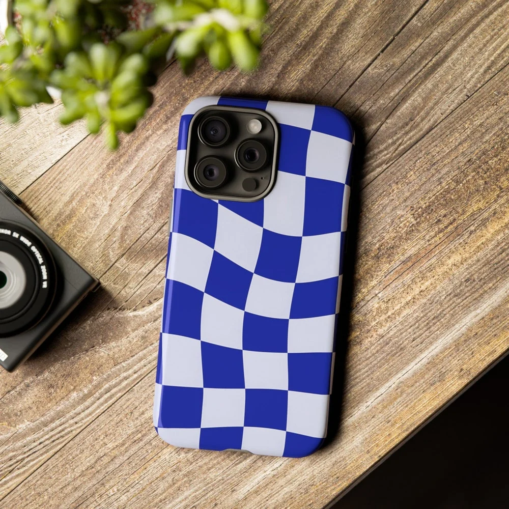 Blue Checkered Grid Retro Geometric Pattern Board Case for iPhone 11 12 ...